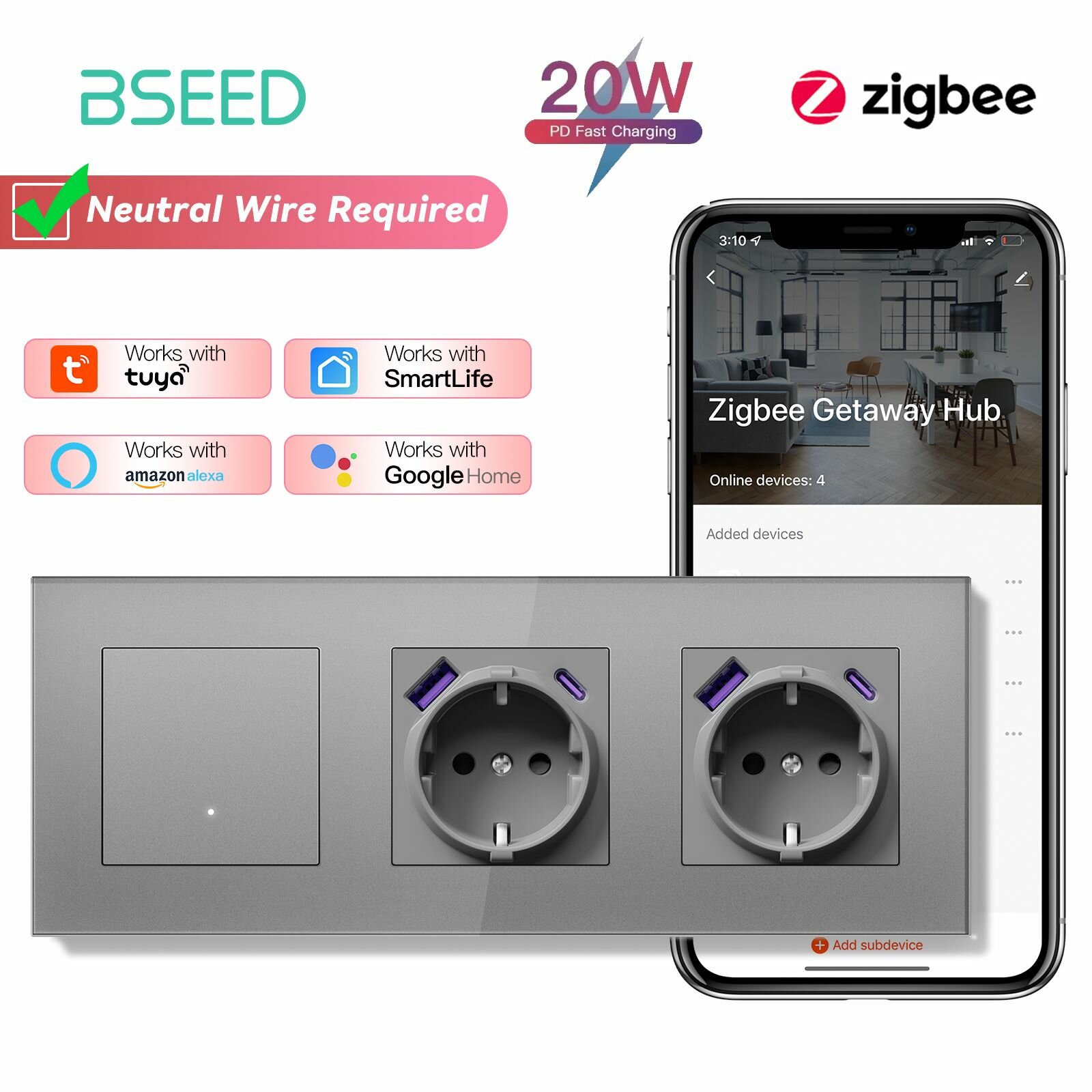 Блок Выключатель + Розетка, с Алисой, ZIGBEE, Smart Life