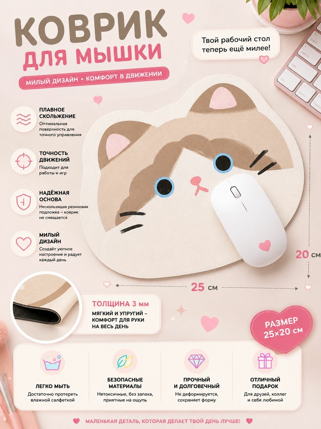 Коврик для мышки компьютерный Котик Кошечка