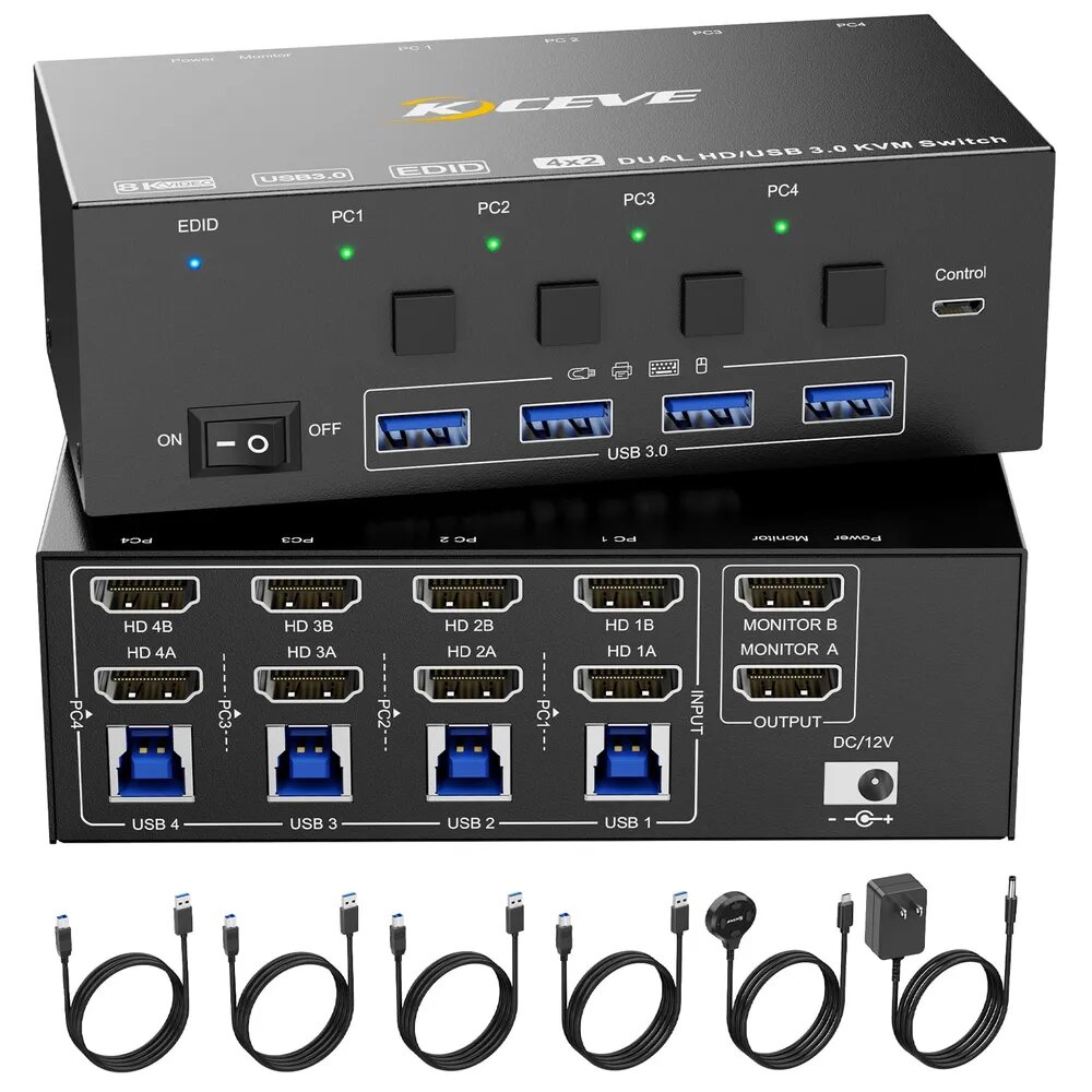8K@60Hz, 4K@144 Hz USB 3.0 KVM Переключатель 2 Монитор 4 Компьютер HDMI