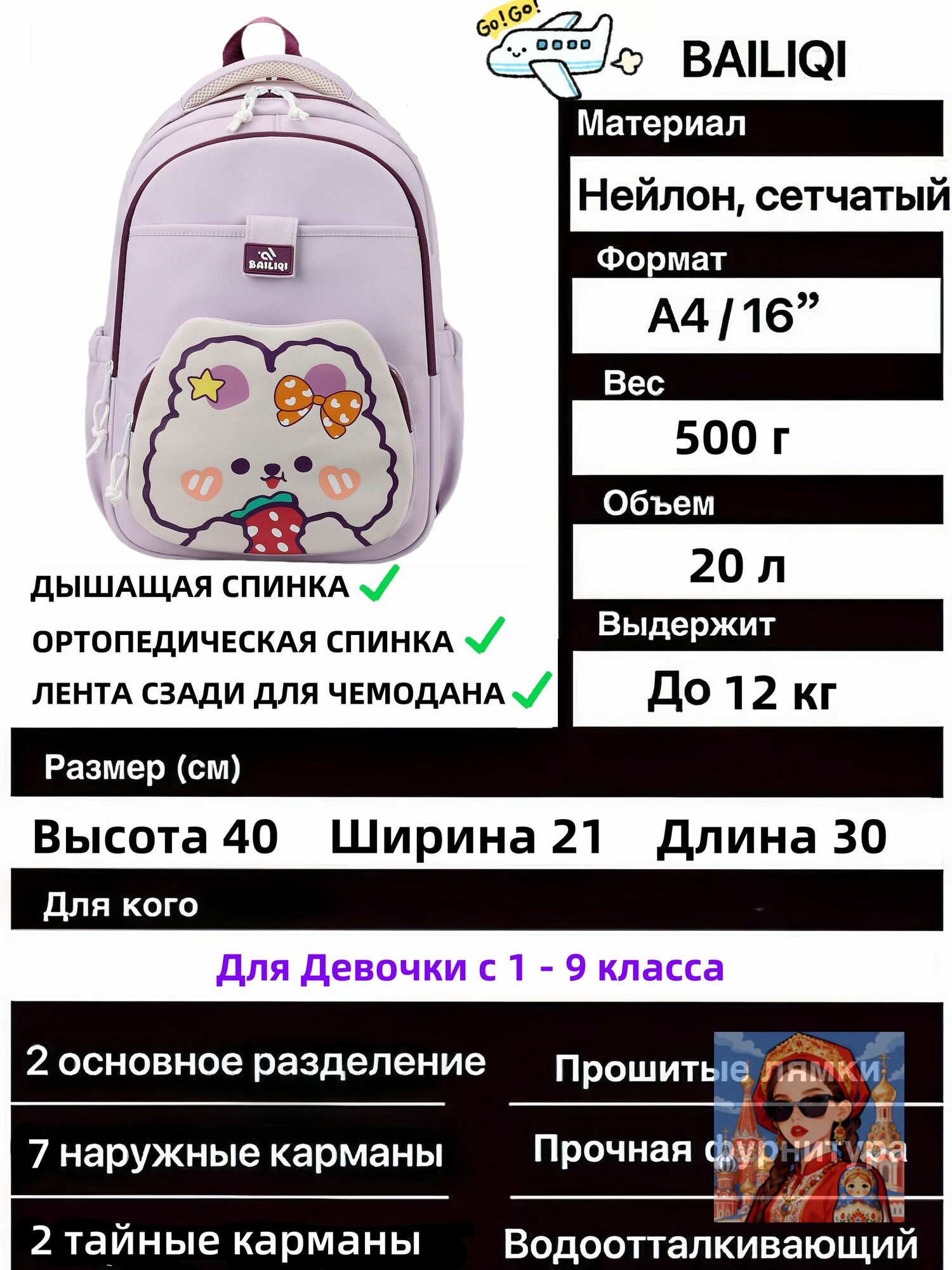 Рюкзак школьный для девочки, светло-фиолетовый с мультяшным зайцем — фото 1