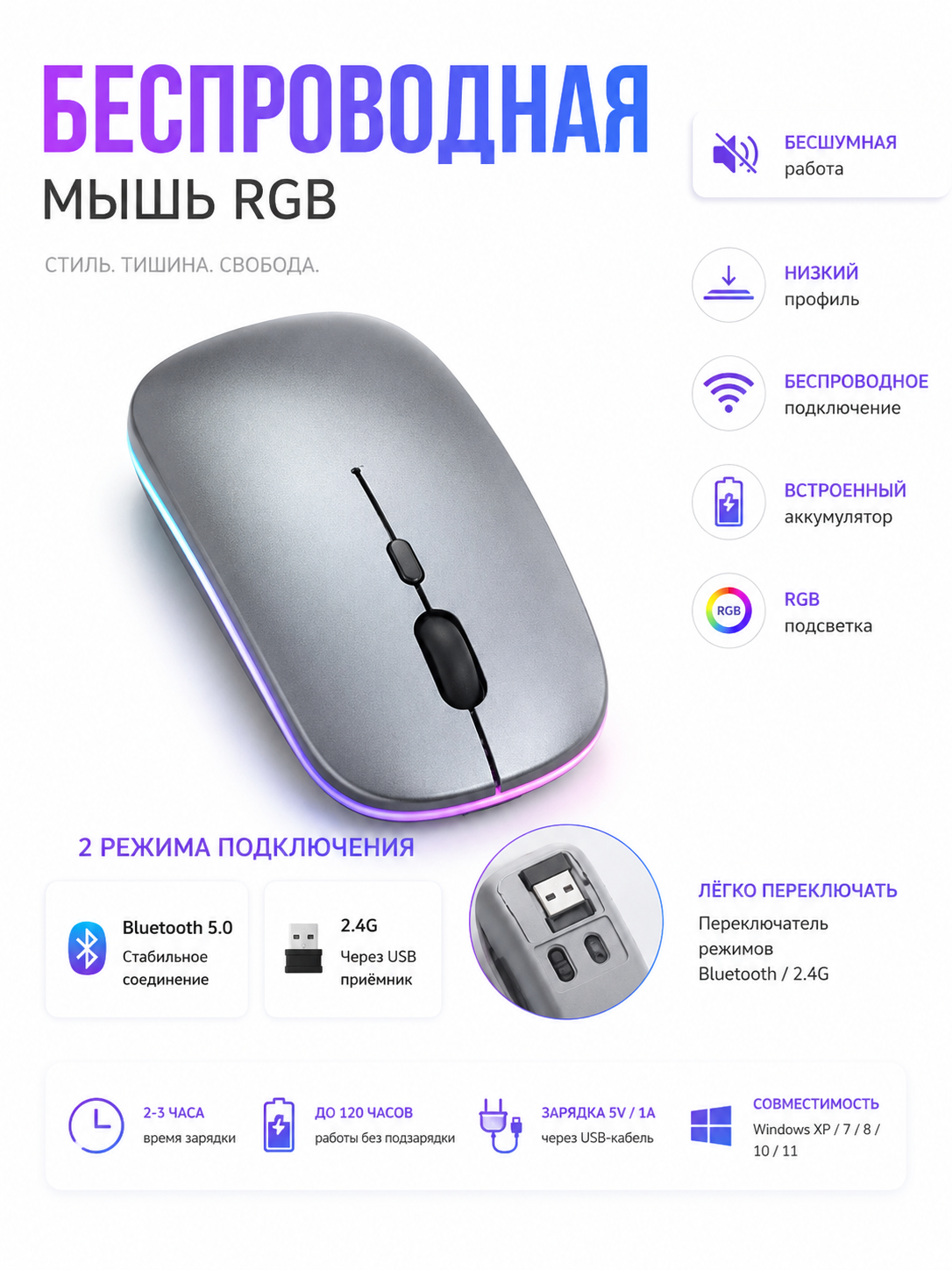 Беспроводная компьютерная мышь RGB Bluetooth 5.0 + 2.4G, бесшумная белая