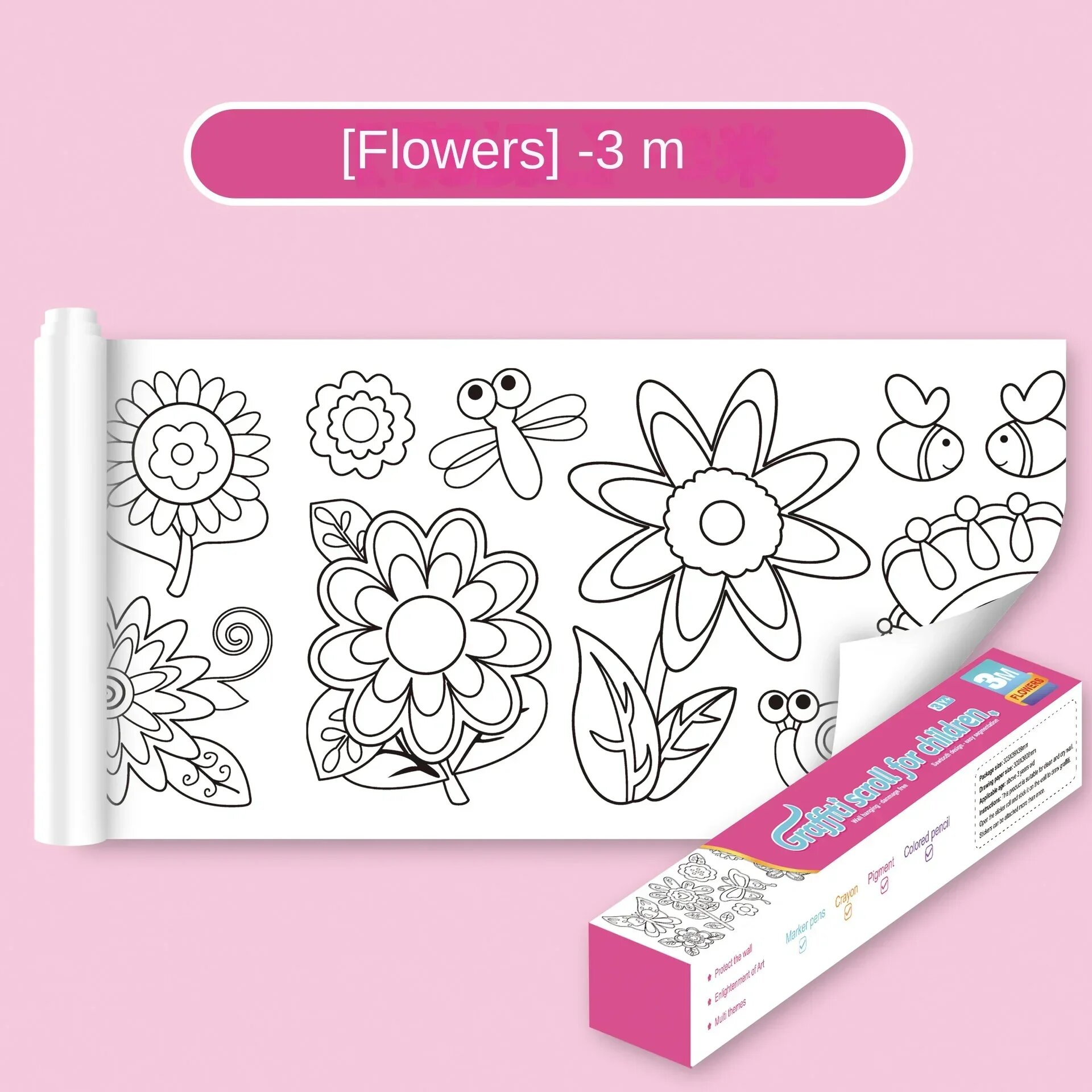 Раскраска-рулон Flowers, 3 м, розовый