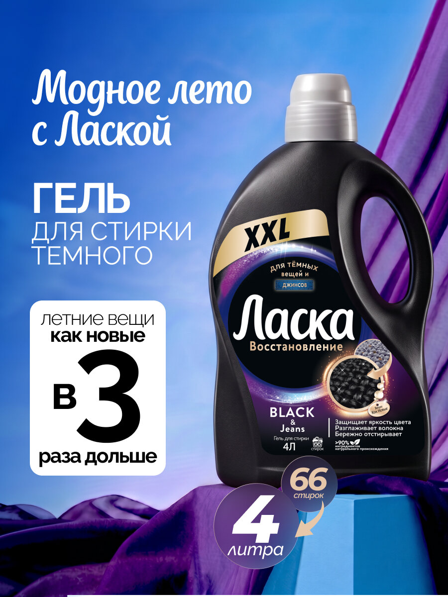 Гель для стирки Ласка Восстановление BLACK для чёрного и тёмного, 4л (66 стирок), жидкое средство для стирки автомат