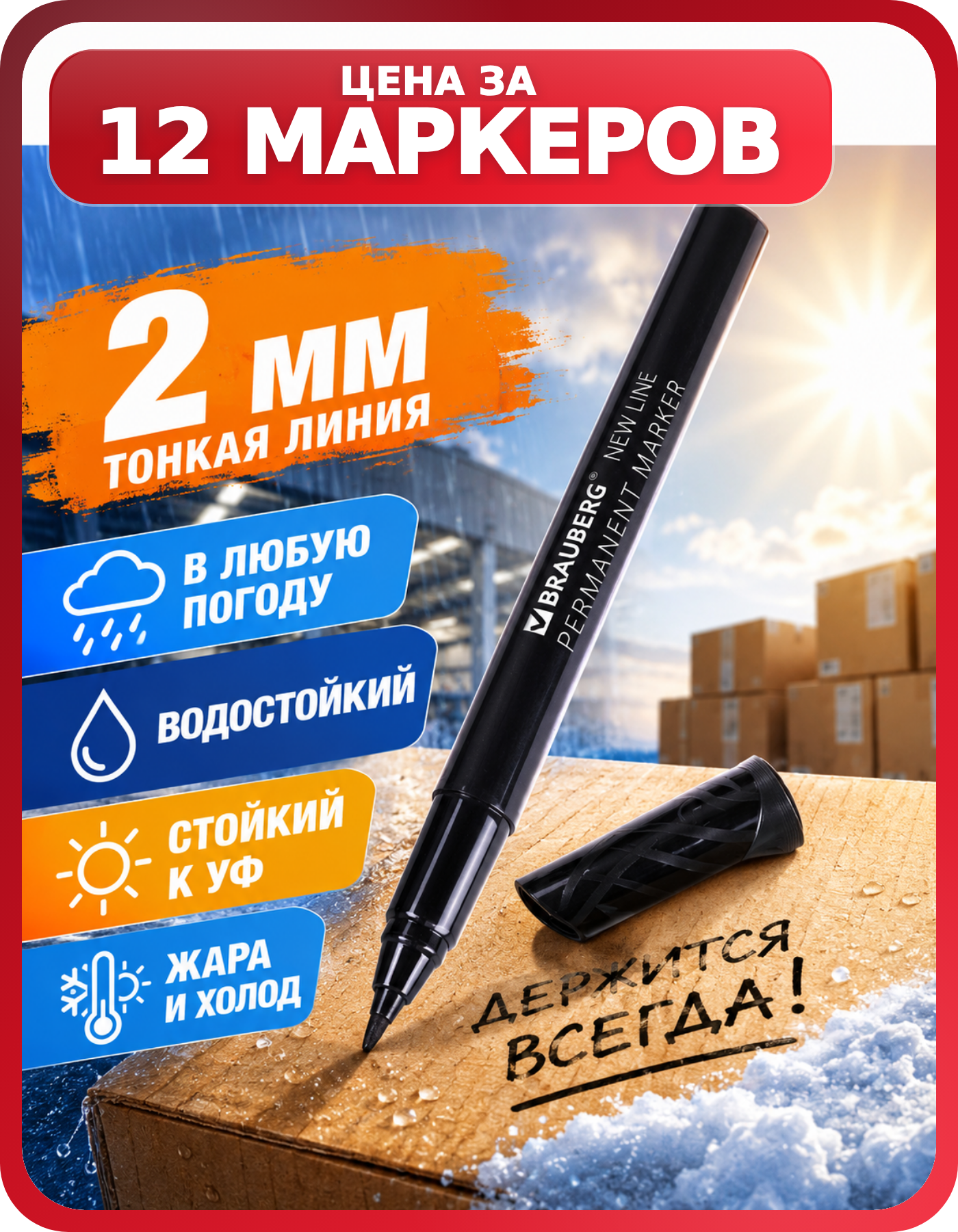 Черный маркер спиртовой быстросохнущий, 12 шт