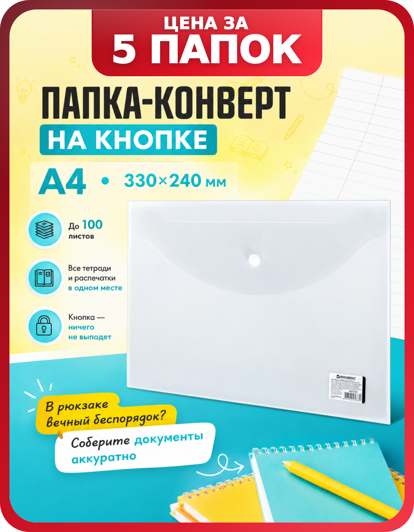 Папка для школы и тетрадей А4 BRAUBERG, 5 шт