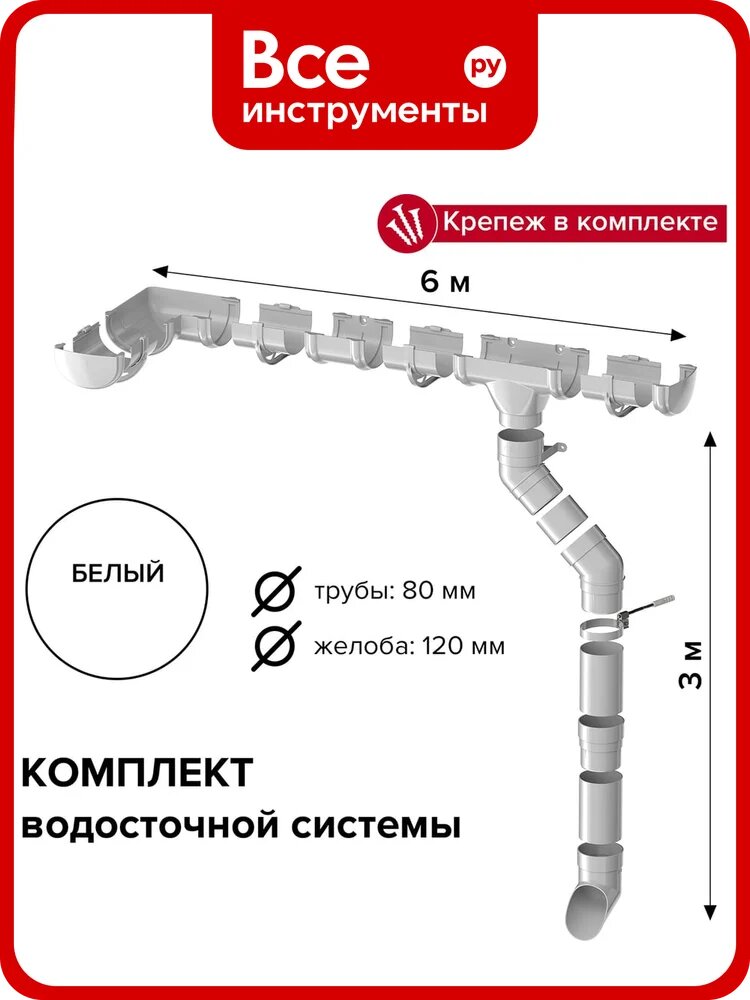Комплект водосточной системы Технониколь оптима для ската 6 м, труба 1.5м, белый УТ-00114347