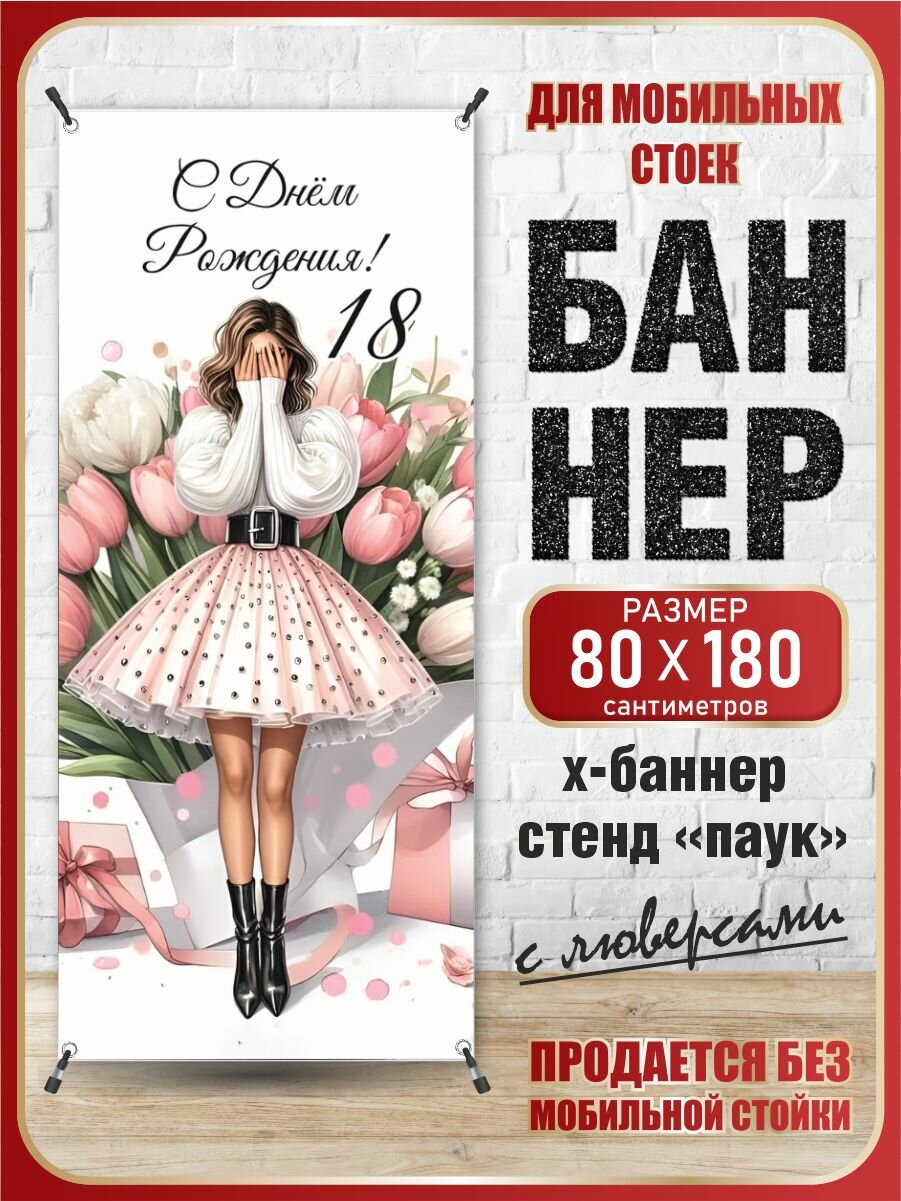Баннер на стойку паук 80х180 см С Днем Рождения девушке 18 лет