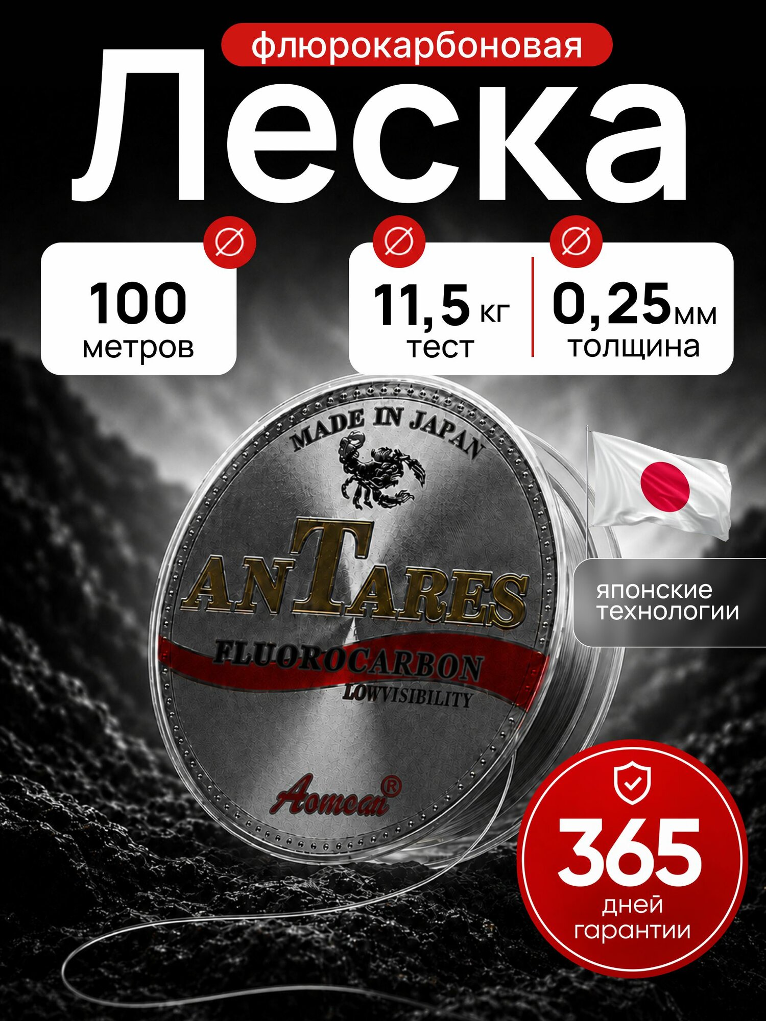 Леска для рыбалки с флюорокарбоновым покрытием Antares, намотка 100м, толщина 0.25мм