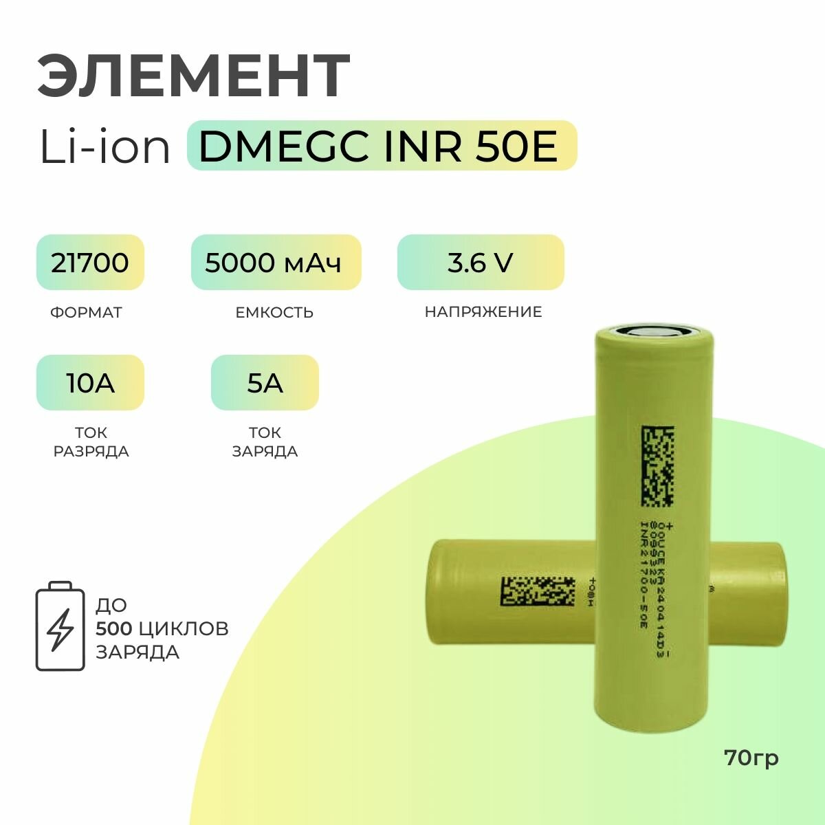 Элемент 21700 (Li-ion) DMEGC 5000 мАч - 5 шт