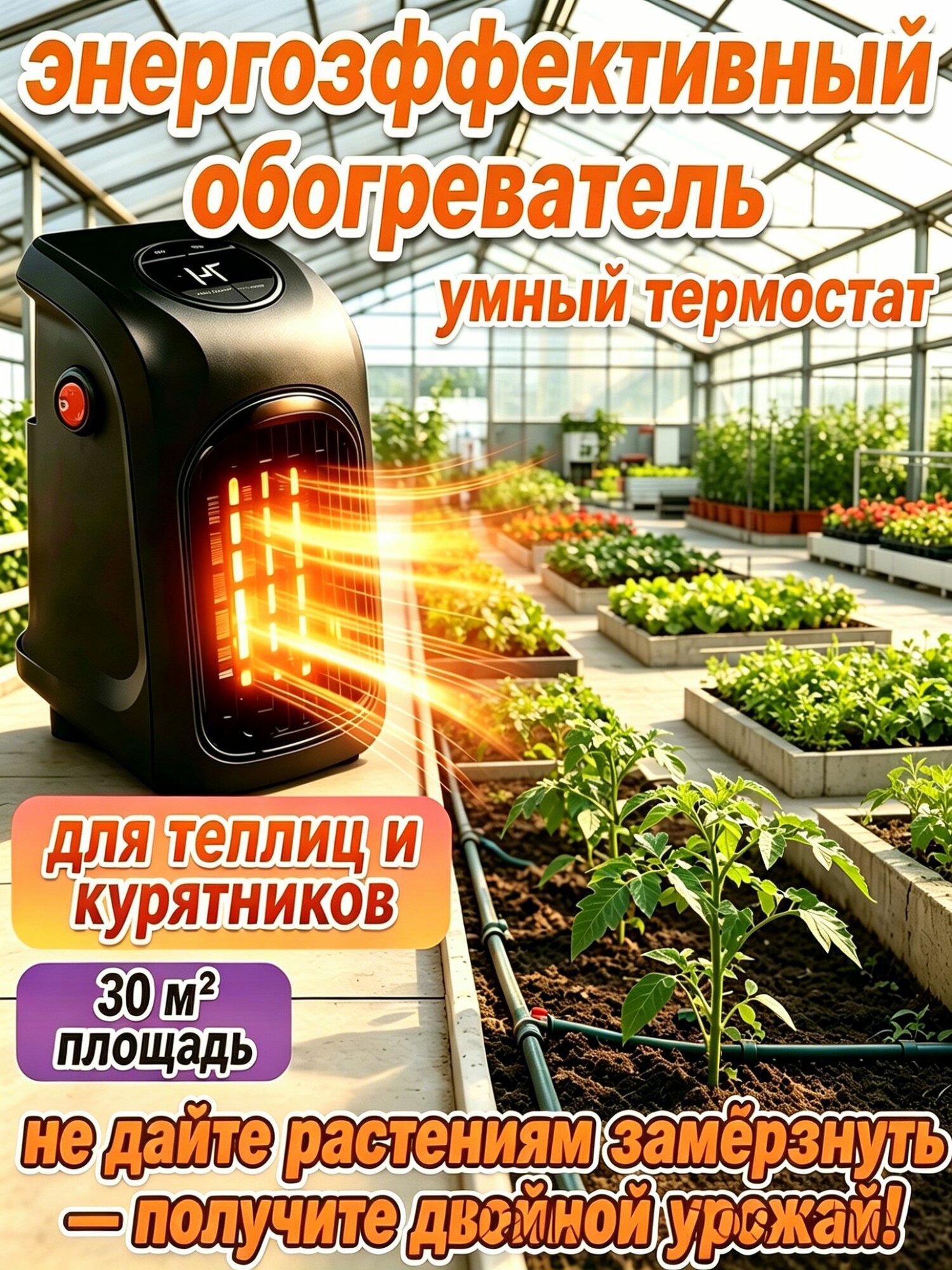 Обогреватель для теплиц и курятников 220 В, до 30 м , умный термостат 25 60 C компактный, бесшумный, таймер для парников низкий уровень шума автоматический режим