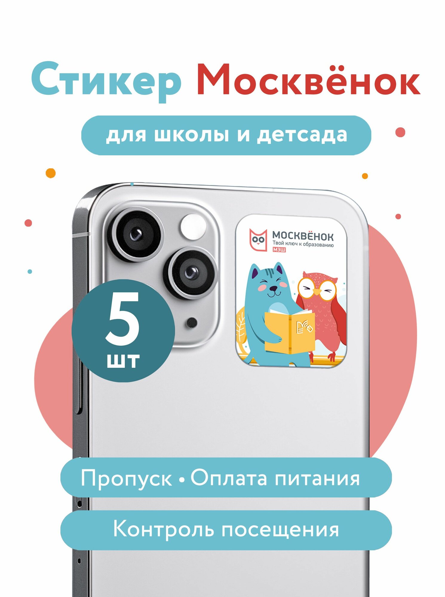 Стикер Москвенок, пропуск карта в школу "Кот и Сова", 5 шт. наклейки на карту школьника пропуск в школу набор стикеров