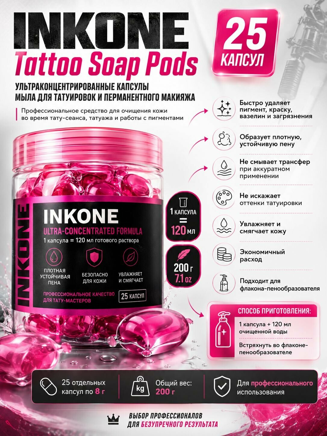 Концентрат антибактериального мыла для тату и татуажа INKONE Tattoo Soap Pods Pink, 25шт