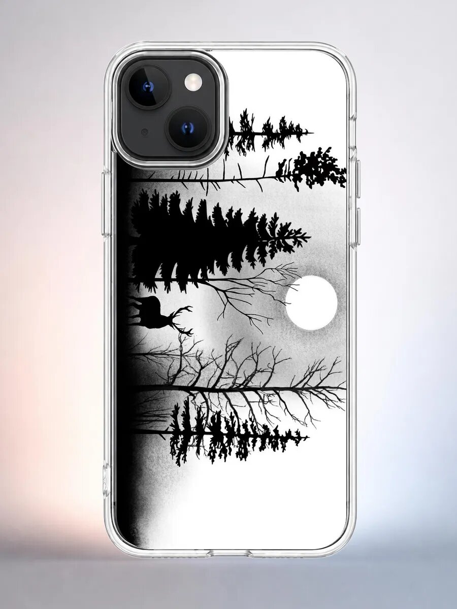 Чехол iPhone 14 олень и луна силиконовый прозрачный