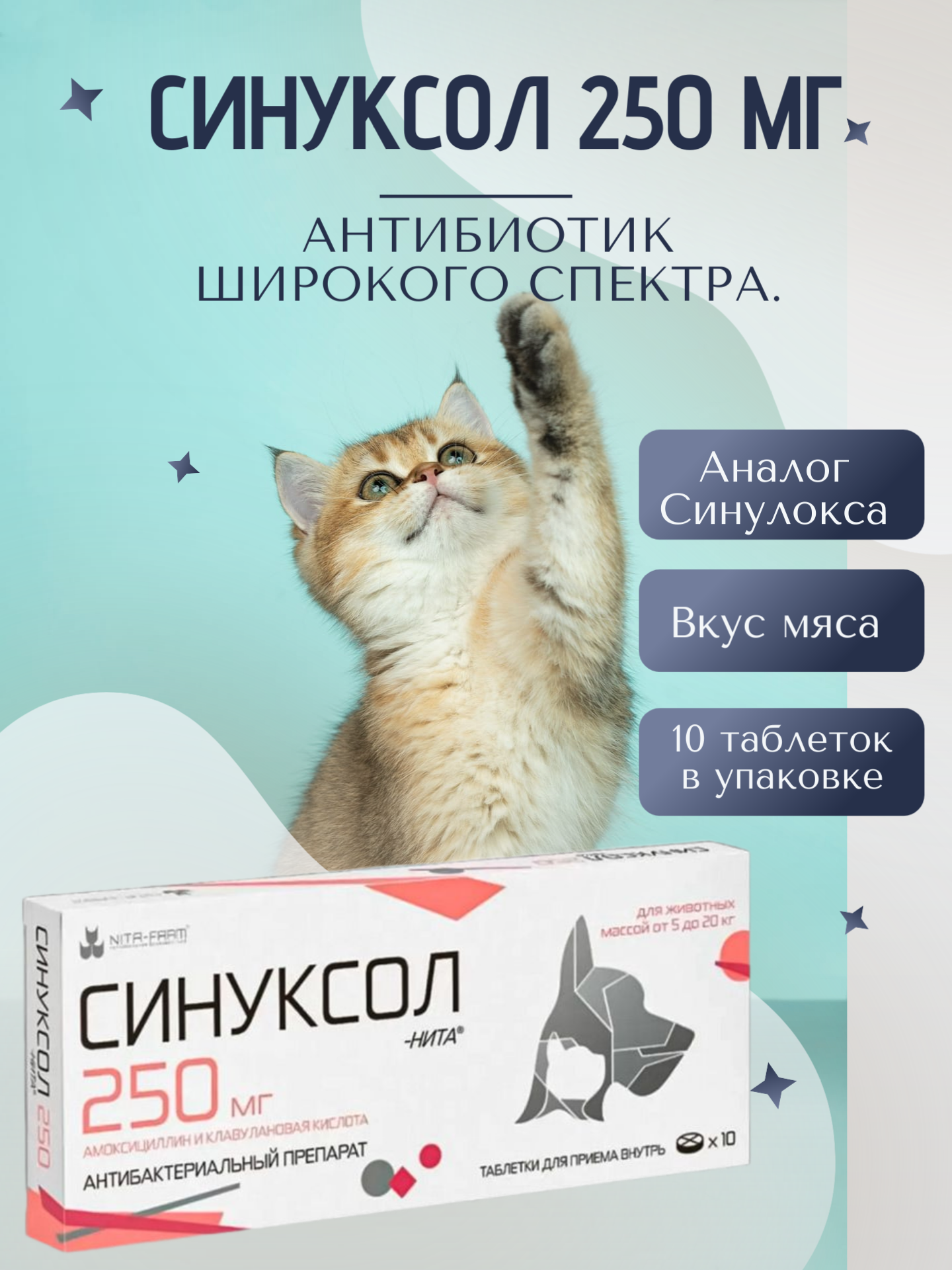 Синуксол 250 мг (10 таблеток) для собак и кошек