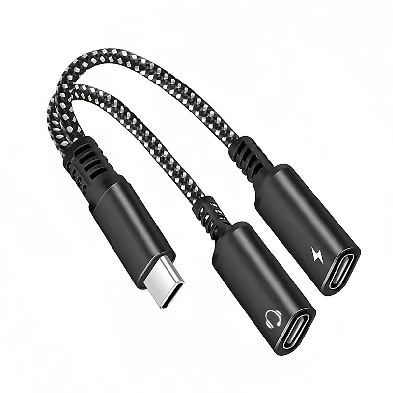 OTG 2 в 1 разветвитель USB C на два Type C и аудиоразъём 3.5 мм, адаптер PD 60W быстрая зарядка, черный