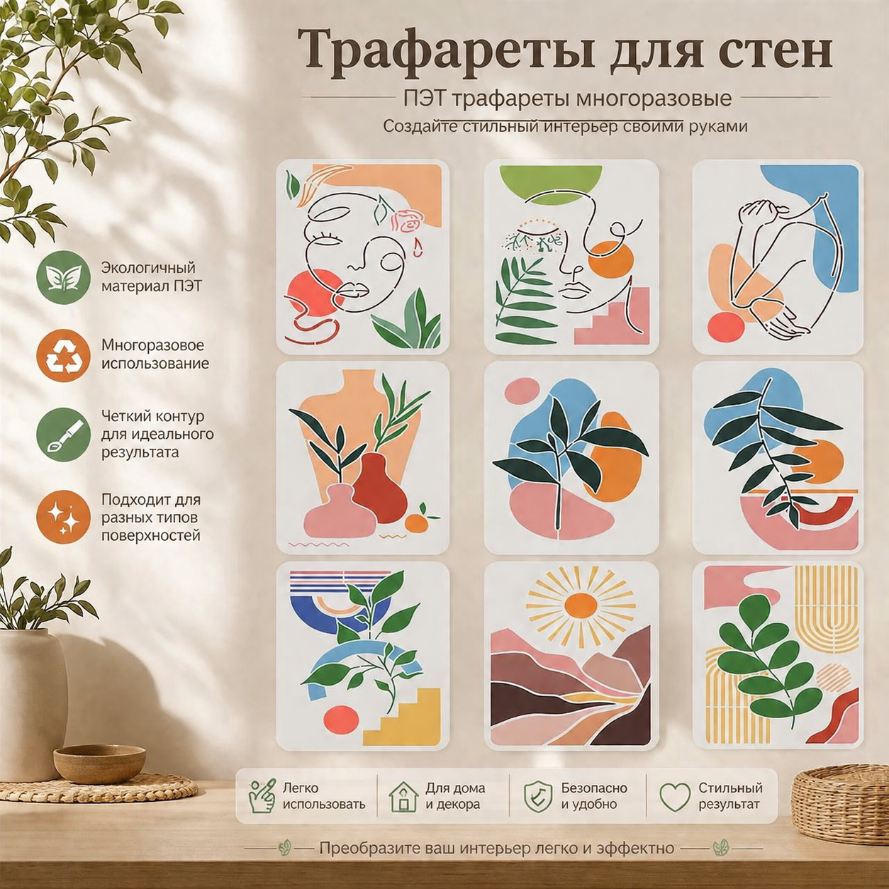 1 набор многоразовых пластиковых трафаретов для рисования и живописи на ткани, холсте, плитке, полу, мебели, дереве, с рисунком листьев, 29,7x21 см, 9 шт./комплект