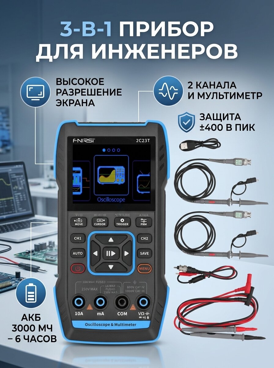 Осциллограф-мультиметр 3 в 1 с генератором, портативный, 10 МГц, 50 мс/с
