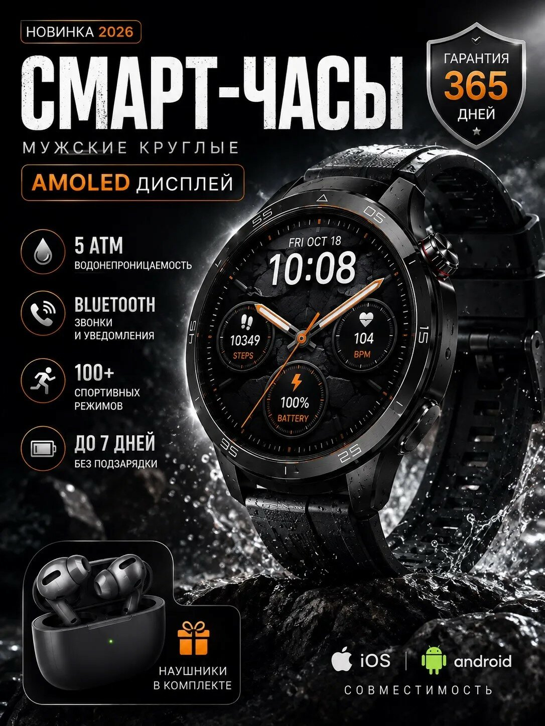 Смарт часы мужские Smart watch, умные часы с AMOLED, Bluetooth, звонками и уведомлениями, фитнес-трекер