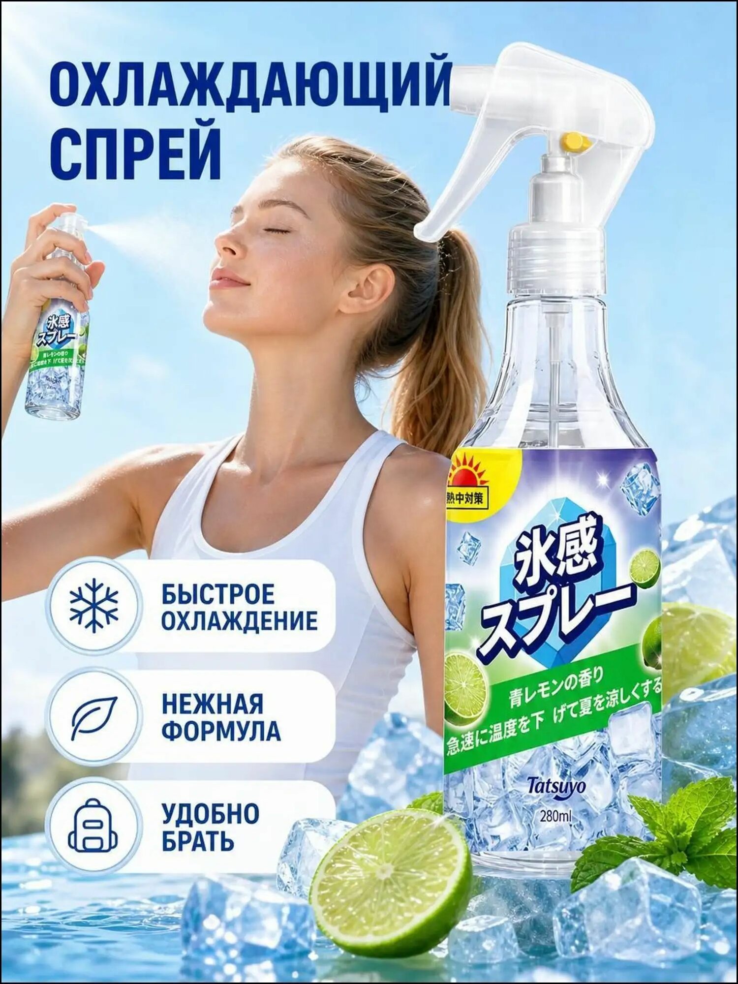 Прохладный охлаждающий спрей, летний спрей для снятия жара 100 мл