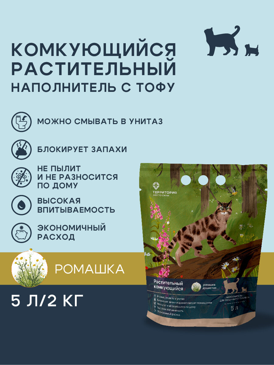 Комкующийся растительный наполнитель с тофу для кошек ТерриториЯ "Ромашка", 5 литров/ 2кг.