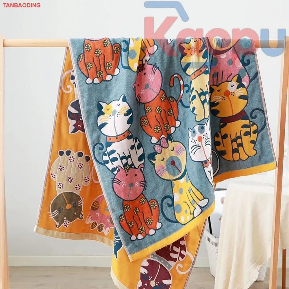 Полотенце банное 80x165 см, хлопок, мультиколор, с рисунком коты, махровое, универсальное