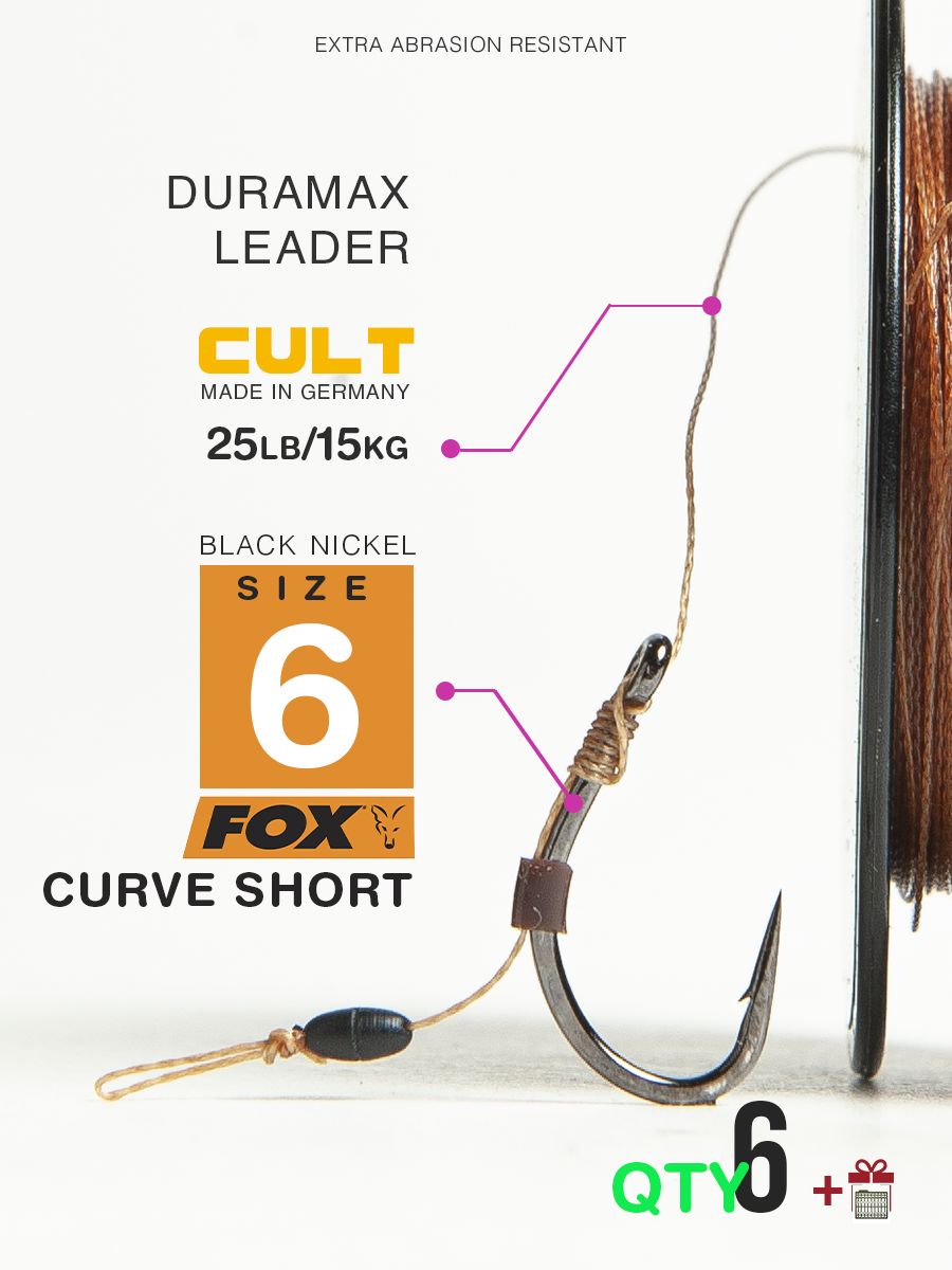 Готовые рыболовные поводки с крючком FOX Curve Shot №6, Climax CULT 0.18мм 25lb - 18см, в уп. 6шт