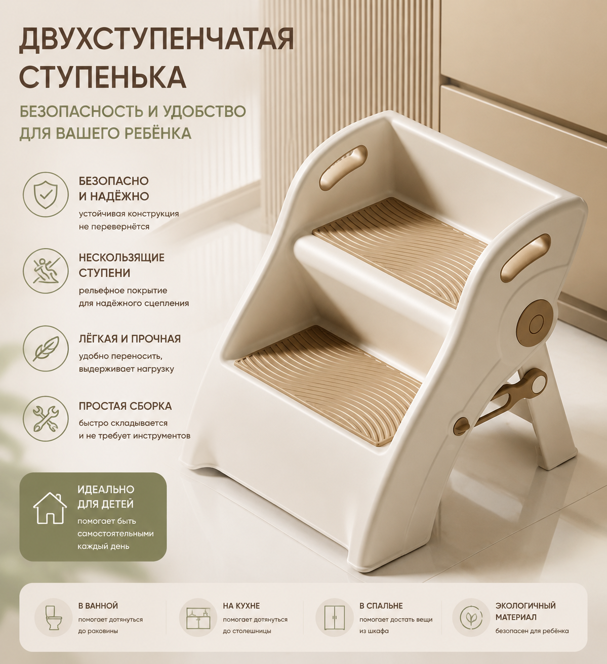 Складная двухступенчатая детская ступенька из экологичного пластика с противоскользящим покрытием, 41х38х40 см