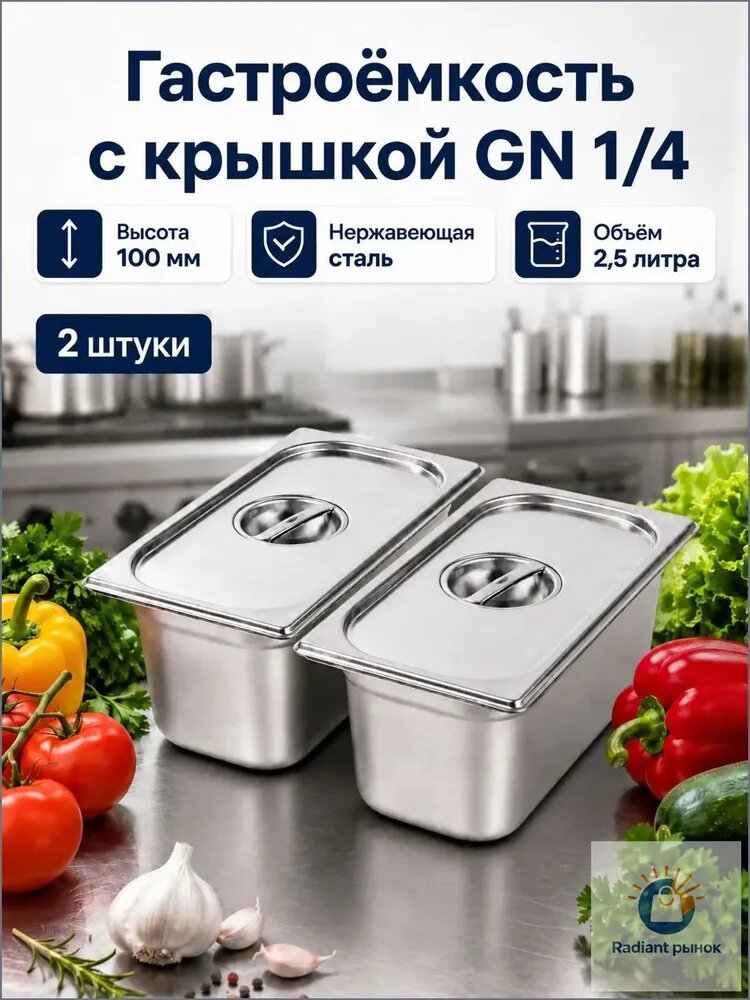Гастроемкость GN 1/4 с крышкой, 2 шт, нержавеющая сталь, 26.5 см х 16.2 см