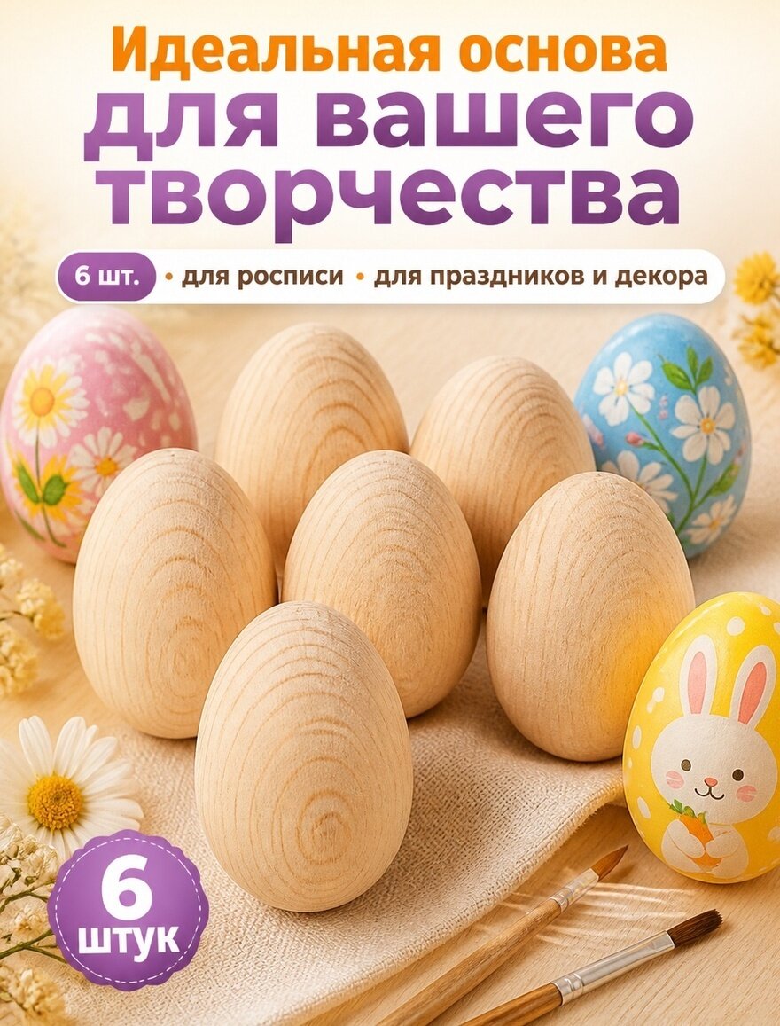 6 Шт Неокрашенные Деревянные Яйца Для Декора Дома 3.20X2.20X2.20Cm