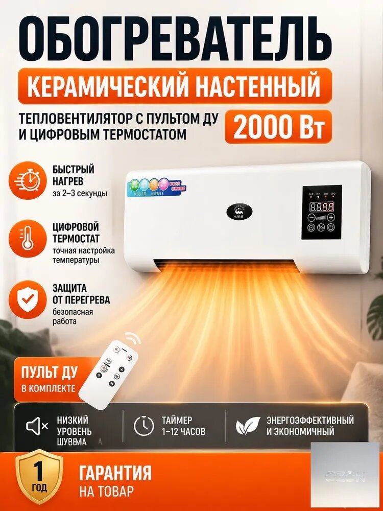 Обогреватель керамический настенный, тепловентилятор с пультом ДУ и цифровым термостатом, 2000 Вт