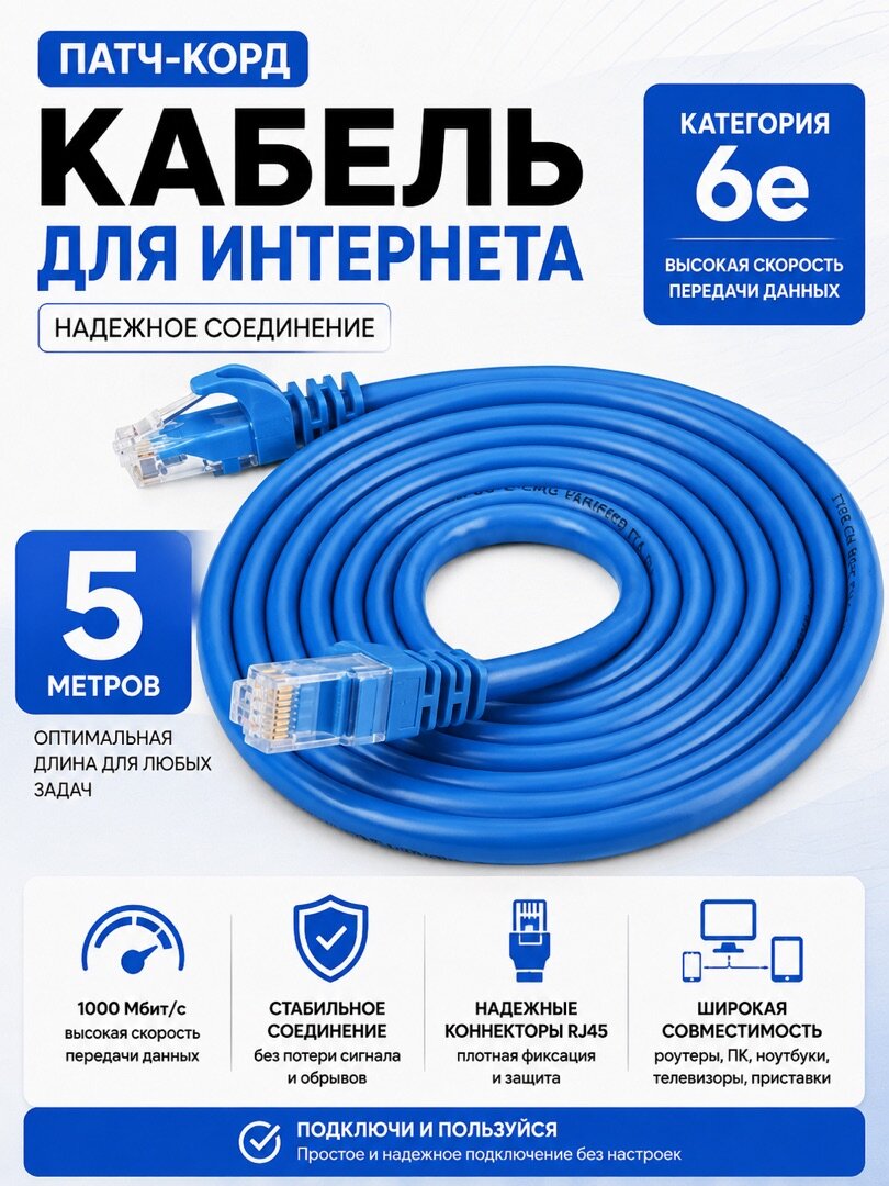 Кабель для интернета Патч-корд UTP RJ45, CAT.6e, 5м синий