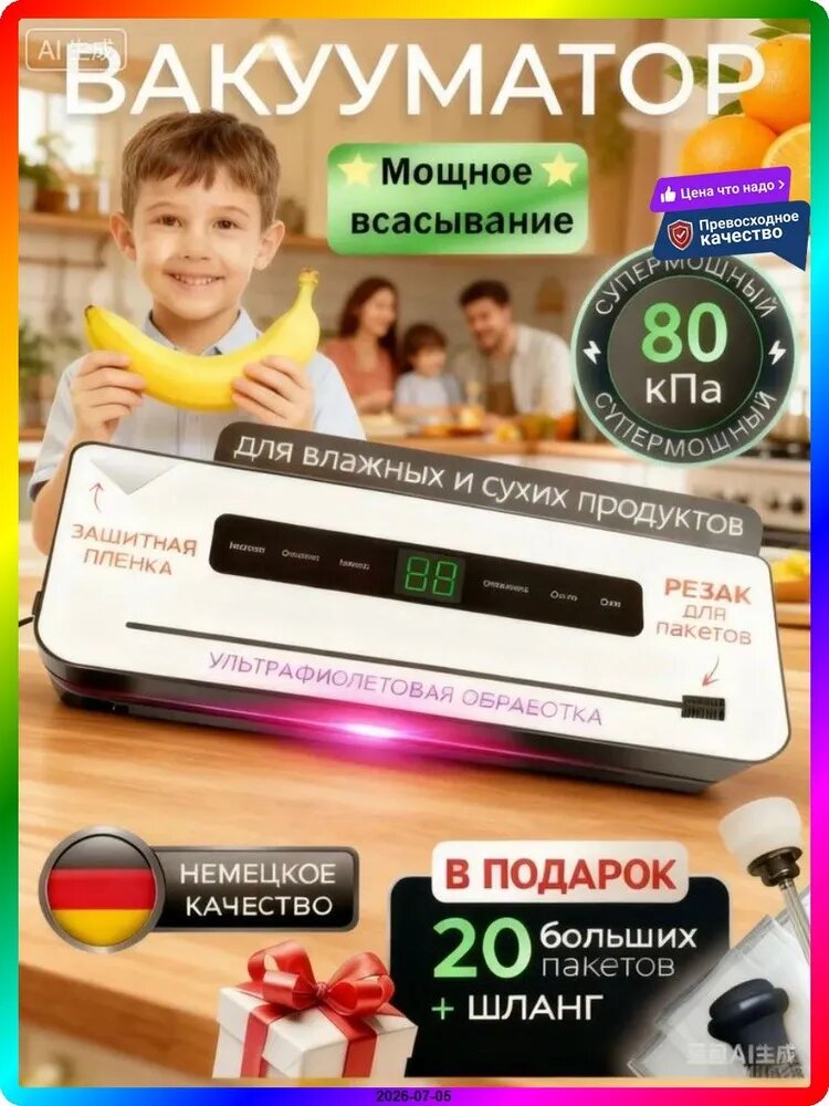 Вакуумный упаковщик для продуктов 1100 Вт, Компактный Белый Пластик, Мощный Вакууматор для Дома с Шлангом и 30 Пакетами