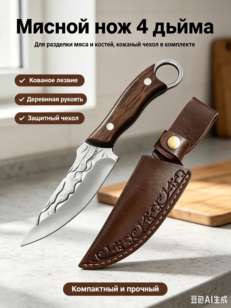 Маленький Нож Для Разделки Мяса, Кованый Клинок, Деревянная