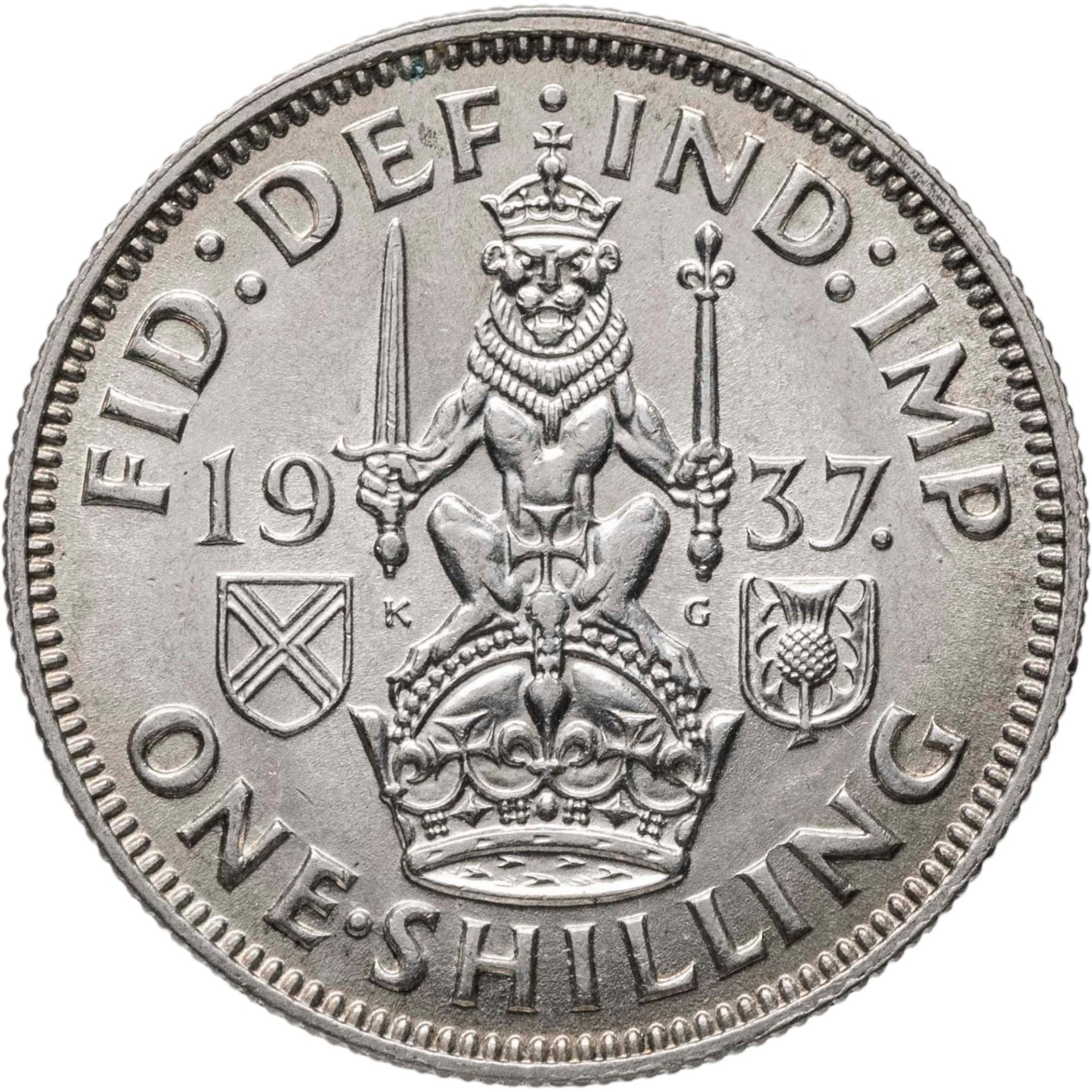 Великобритания 1 шиллинг shilling 1937 "Шотландский шиллинг - лев, сидящий на короне", Серебро 500, в сохранности UNC