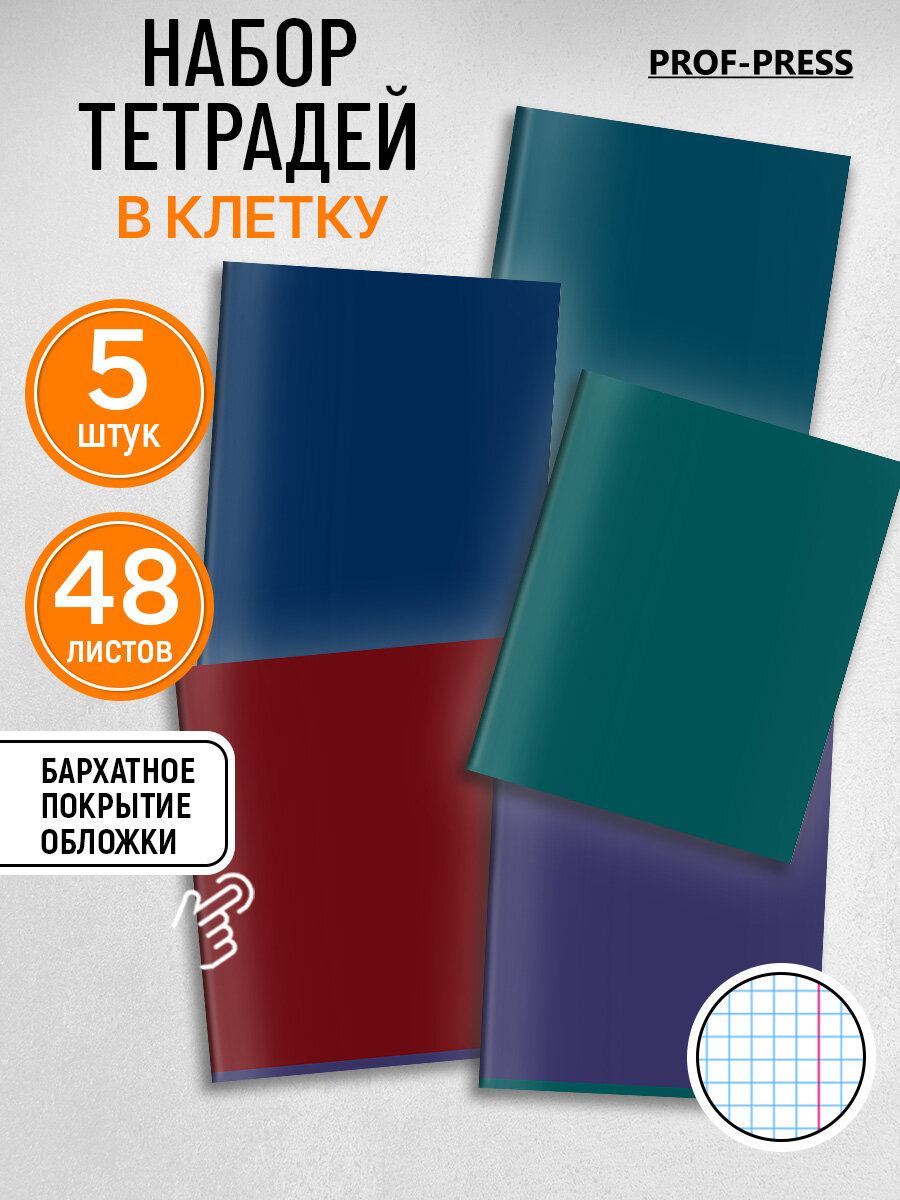 Тетрадь 48 листов в клетку Prof-Press, набор 5 штук