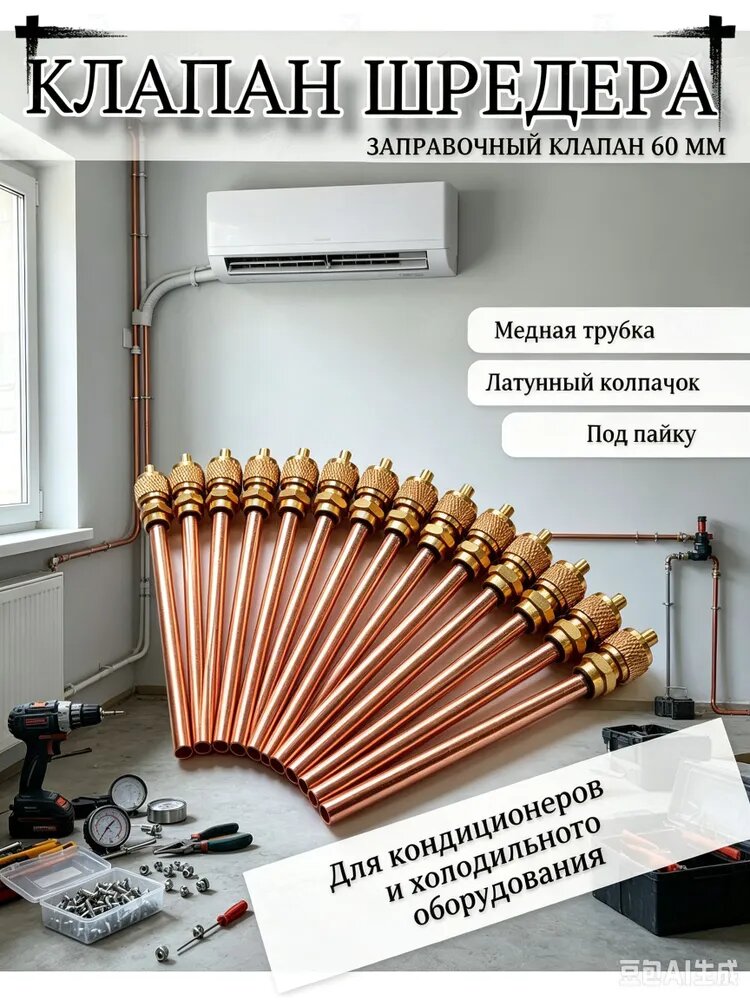 Клапан шредера, заправочный, с медной трубкой 60 мм, для кондиционеров и холодильного оборудования, штуцер сервисный под пайку, с латунным колпачком