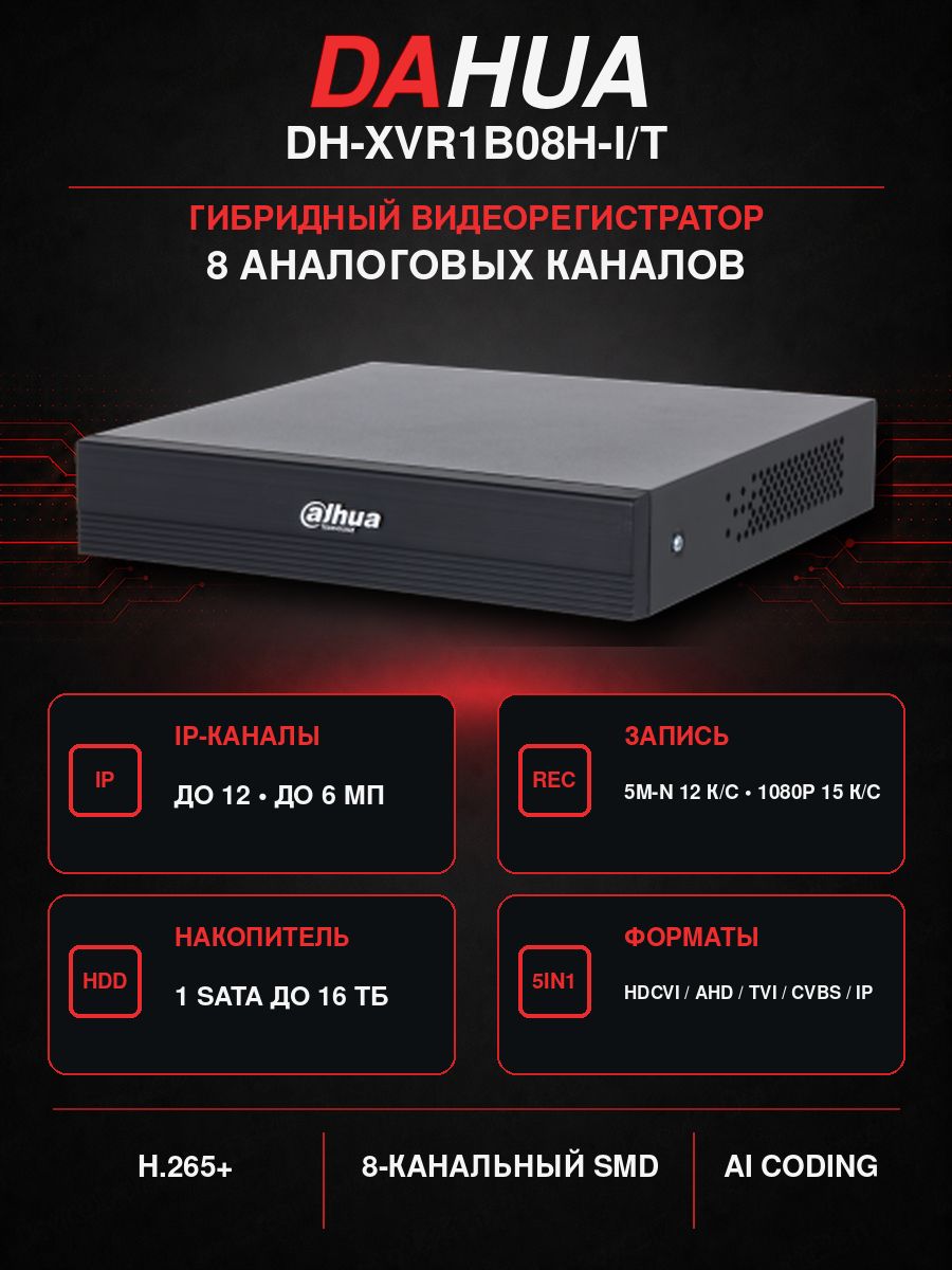Dahua DH-XVR1B08H-I/T - гибридный TVI-видеорегистратор, 8 каналов, запись до 6 Мп