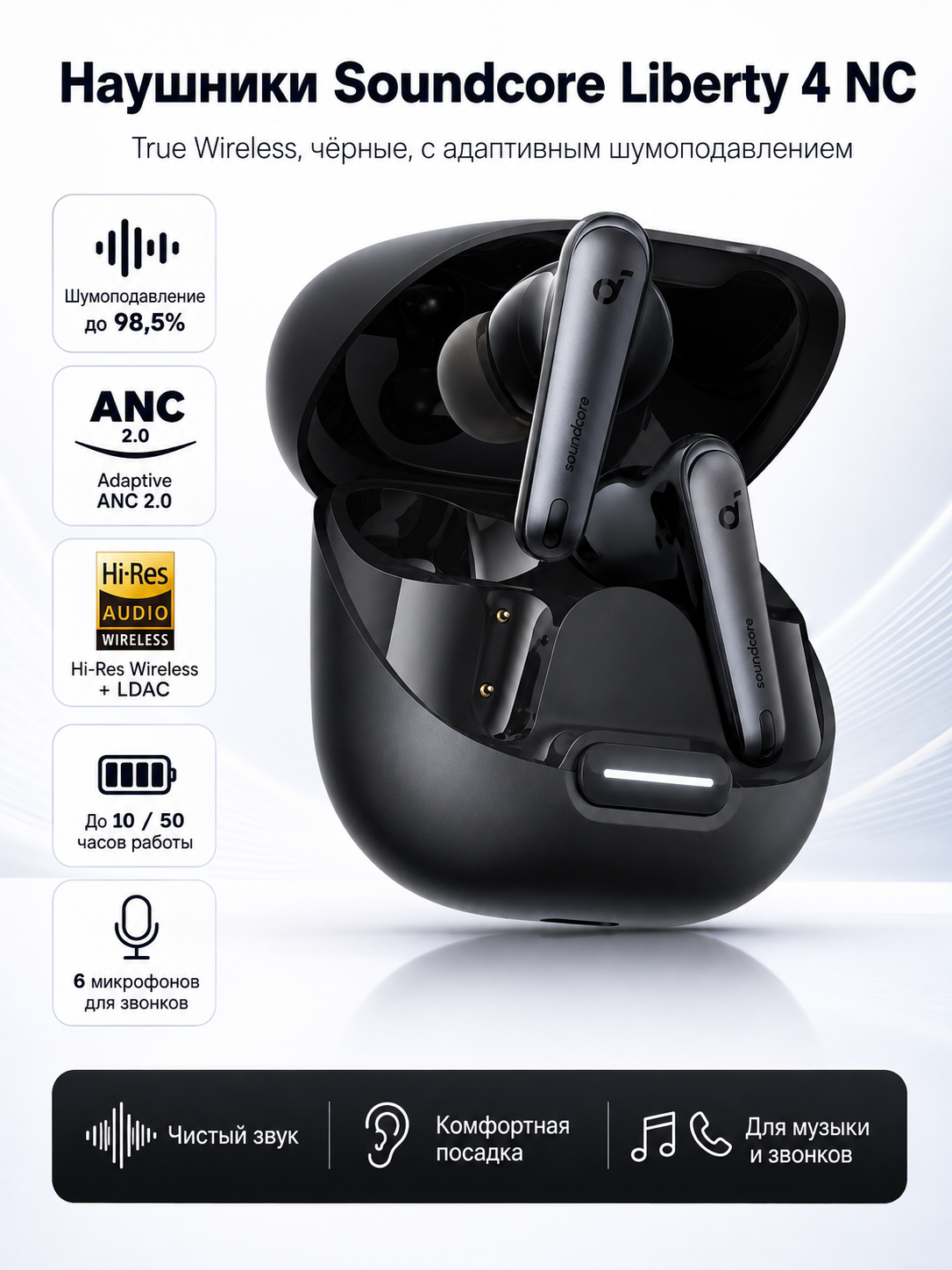 Беспроводные наушники Soundcore Liberty 4 NC Black, ANC 2.0, LDAC, Hi-Res, Bluetooth 5.3, до 50 ч