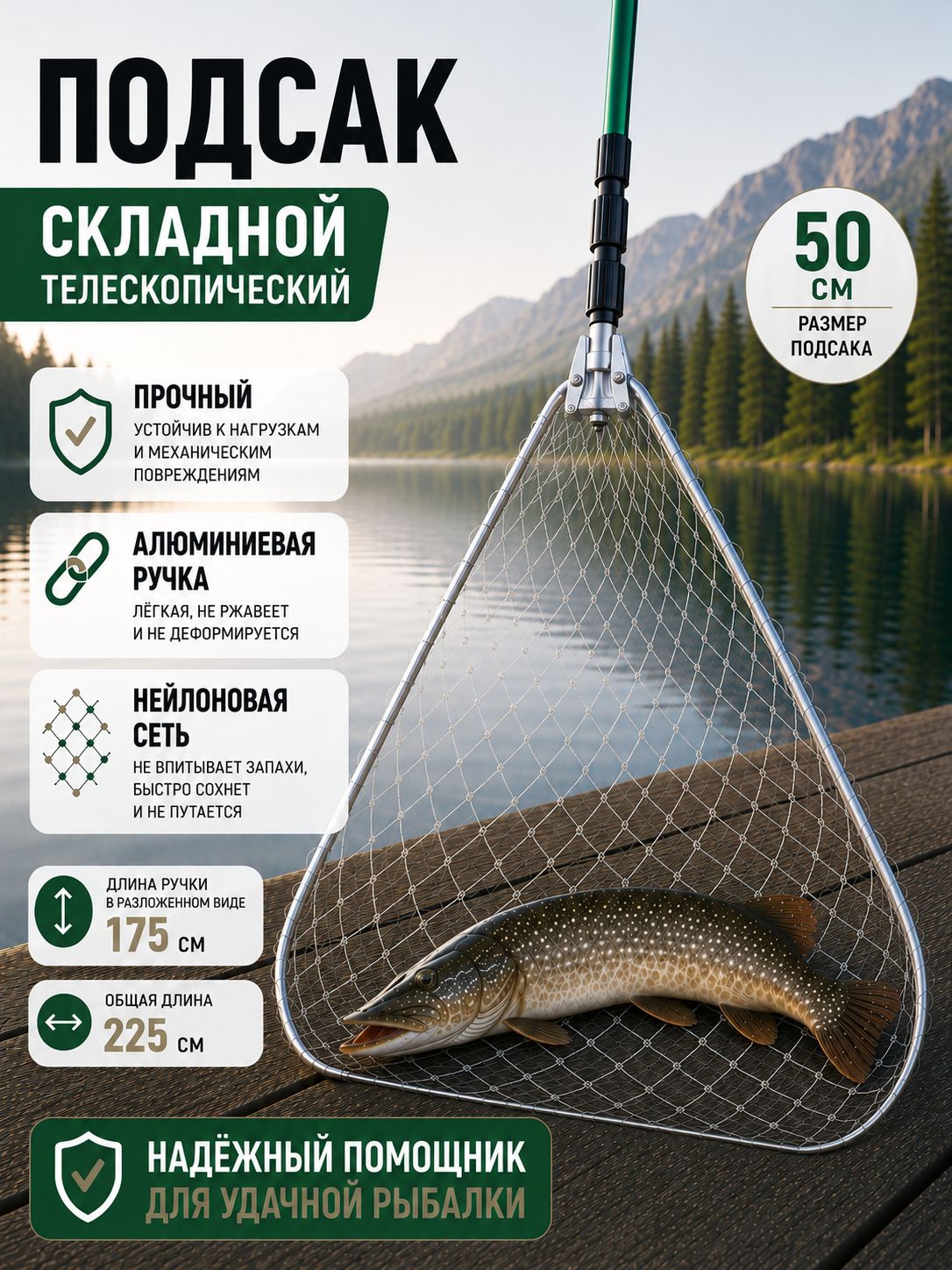 Подсак рыболовный складной телескопический, подсачек для рыбалки универсальный, алюминиевый, для спиннинга, карпа, щуки, лодки и берега складной серый 190/50см