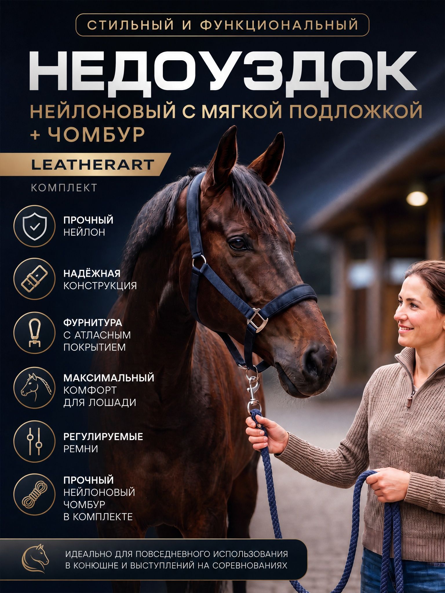 Недоуздок нейлоновый с мягкой подложкой + чомбур LeatherArt комплект, цвет Темно-синий, размер PONY
