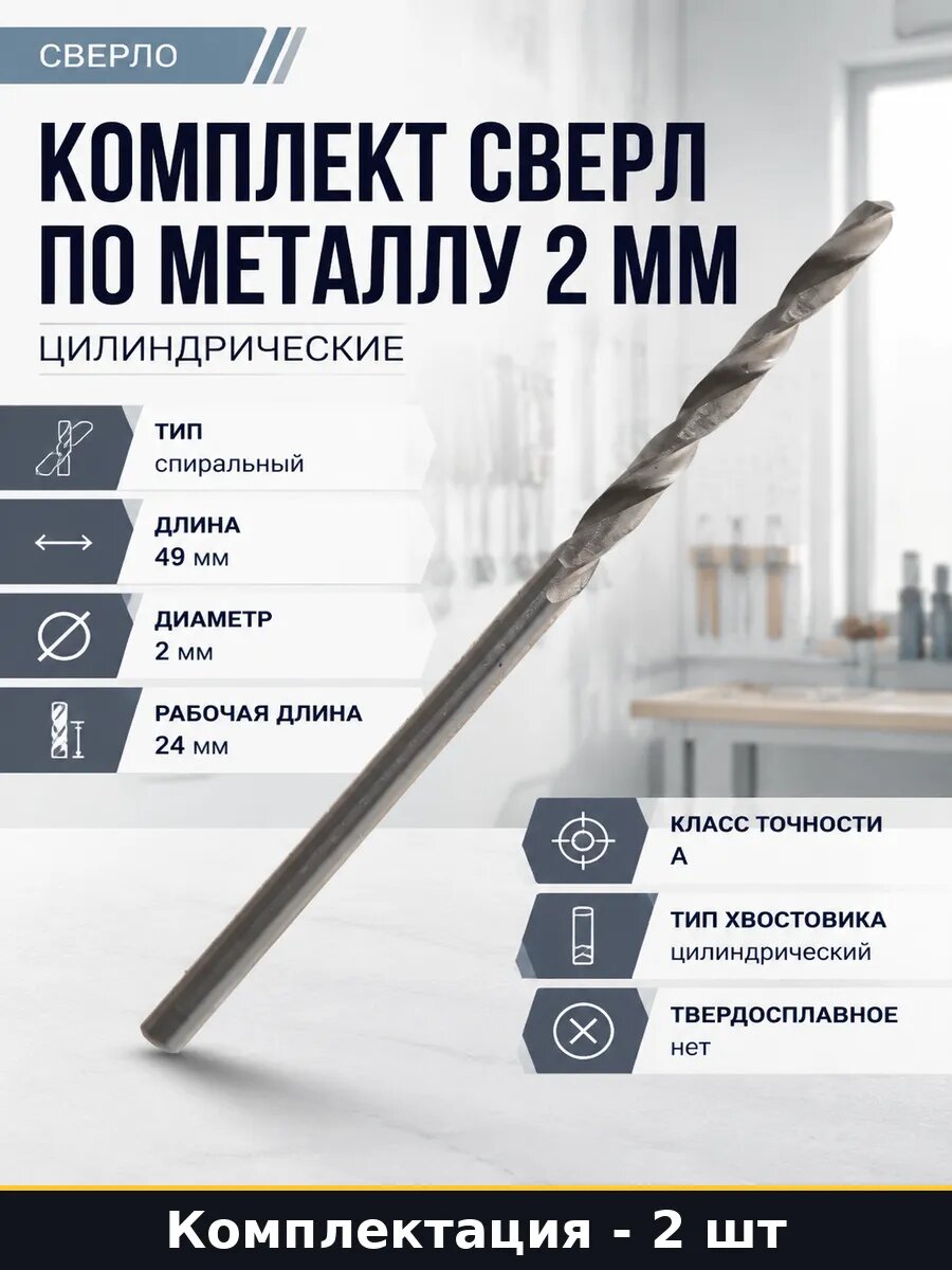 Комплект сверл по металлу 2 мм 2 штуки цилиндрические