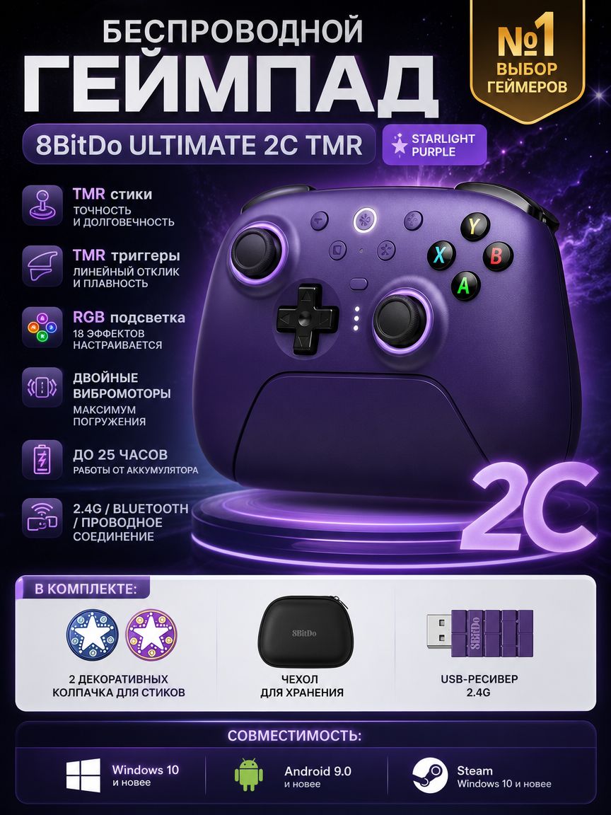 8BitDo Ultimate 2 Wireless 2.4G Игровой контроллер с зарядной док-станцией, джойстик TMR, Bluetooth-геймпад для ПК, Windows, Android