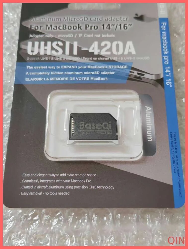 Алюминиевый скрытый адаптер BaseQi UHS-II для карт microSD TF, расширение памяти MacBook Pro 14"/16" M1 M2 M3 M4, поддержка до 2 ТБ, серебристый