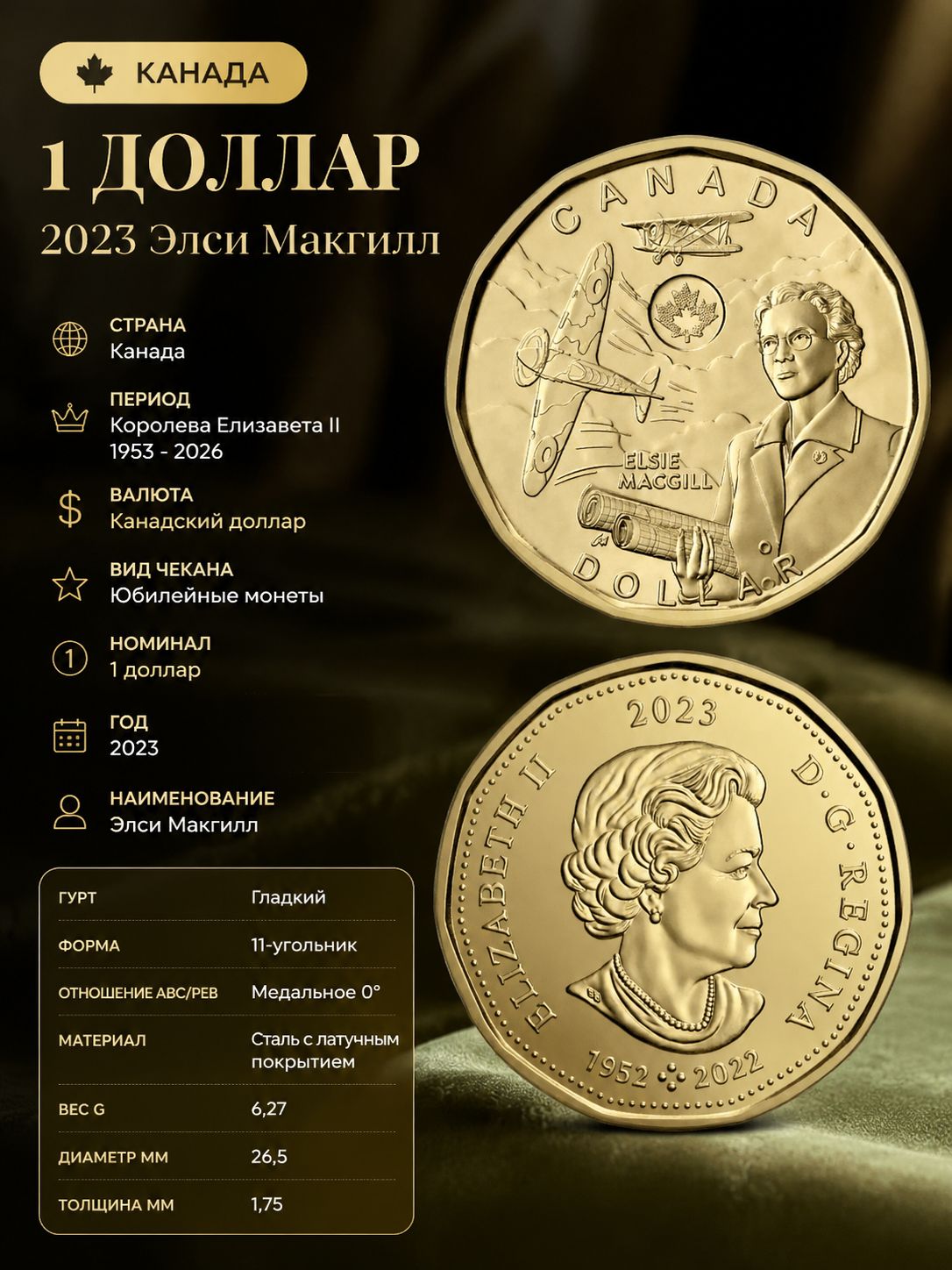 Канада 1 доллар, 2023 Элси Макгилл UNC