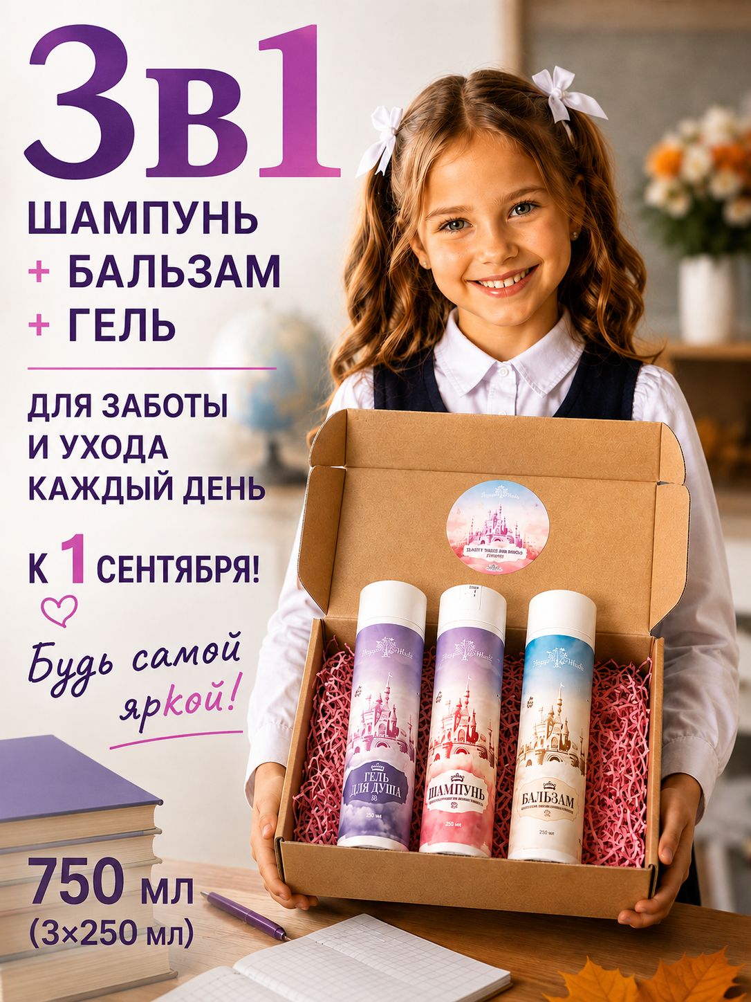 Набор для купания детский 3 в1 шампунь бальзам и гель для душа