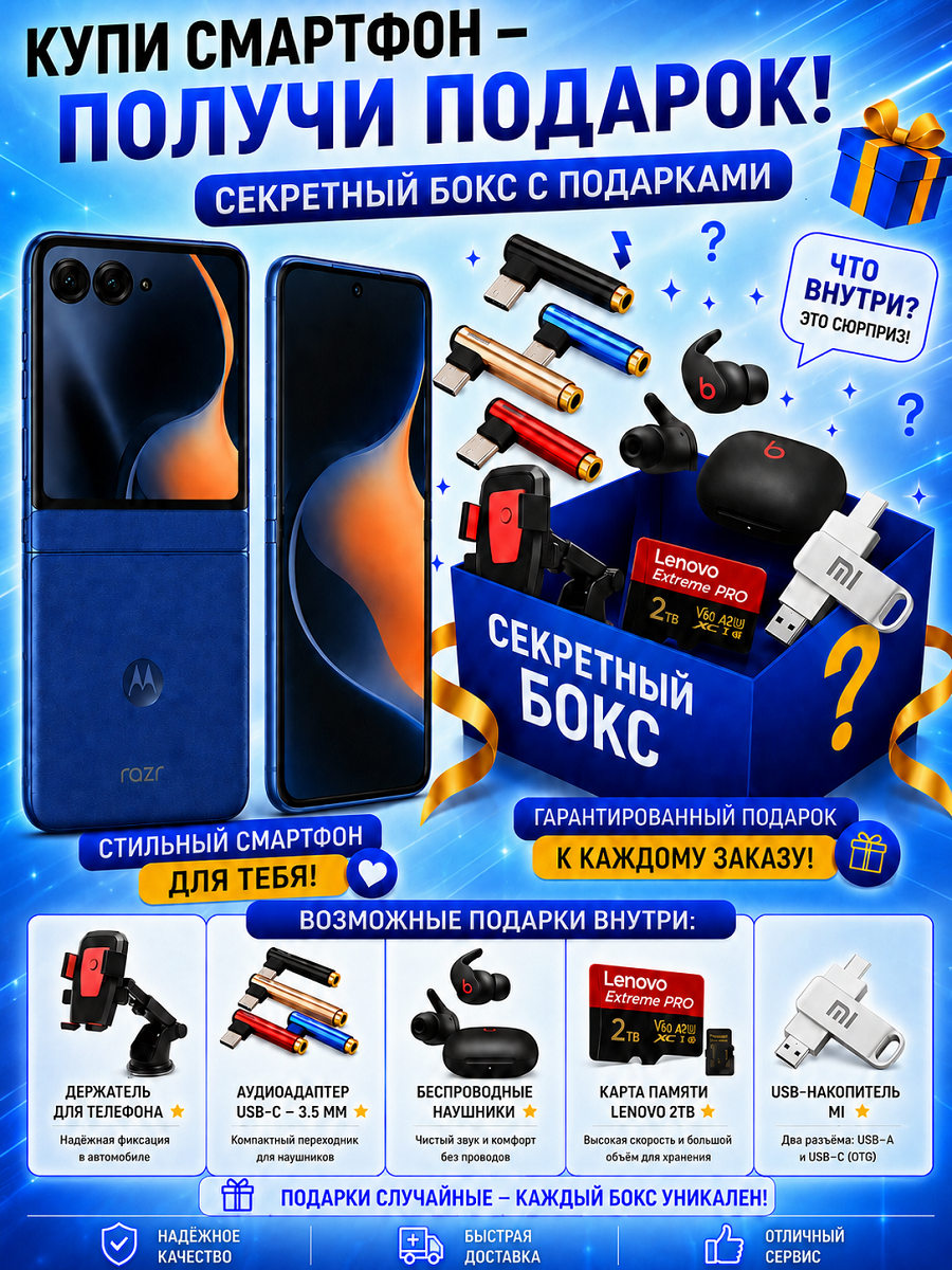 Смартфон Motorola Razr 60 5G 8/256 ГБ, синий складной, аккумулятор 4500 мА·ч + подарок-сюрприз