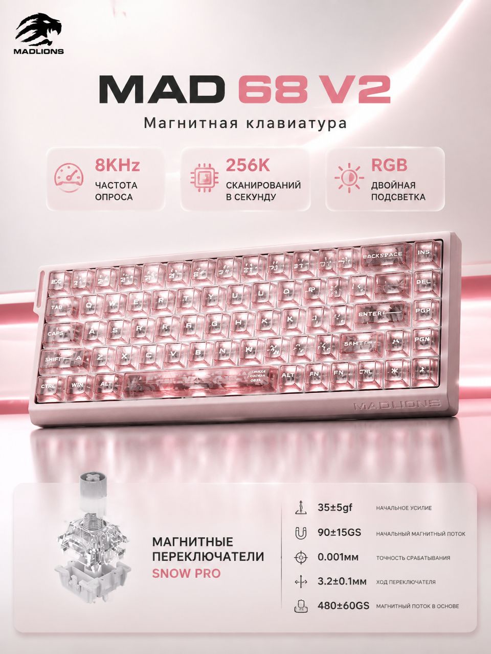 Клавиатура MADLIONS MAD68 V2 магнитная 68 клавиш 8 кГц 0.001 мм RGB