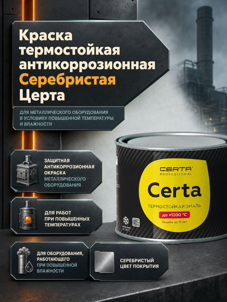 Краска термостойкая (Эмаль) антикоррозионная (до 700°С; 0,4 кг) Серебристая Церта (Certa)
