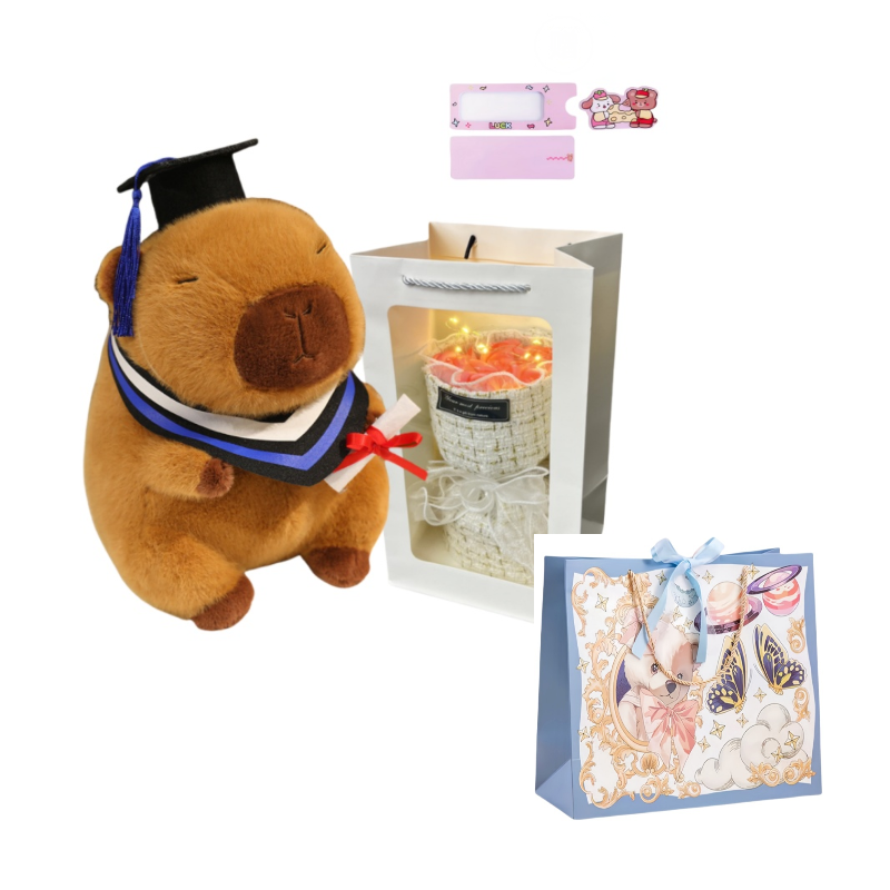 Плюшевая игрушка унисекс AOLETU Доктор Капибара Кун, 20CM EU, Graduation Capybara-Blue Pompon+Litchi Pink Bouquet+Puppy Pull Tab Greeting Card