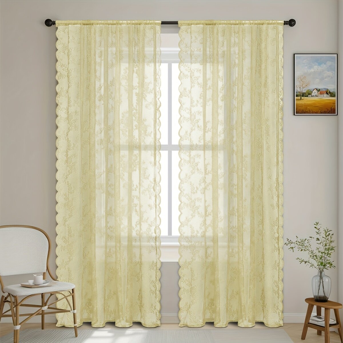 Тюль однотонный с кружевной каймой, комплект из 2 шт, кремовый, 100×140 см